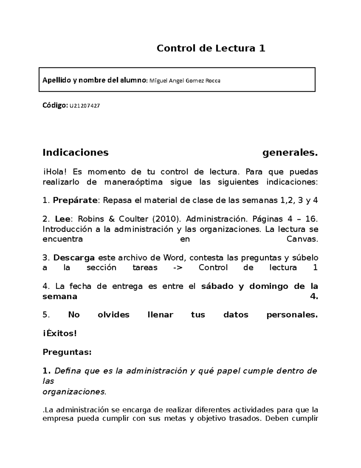 Control de Lectura 1 - ¡Hola! Es momento de tu control de lectura. Para ...