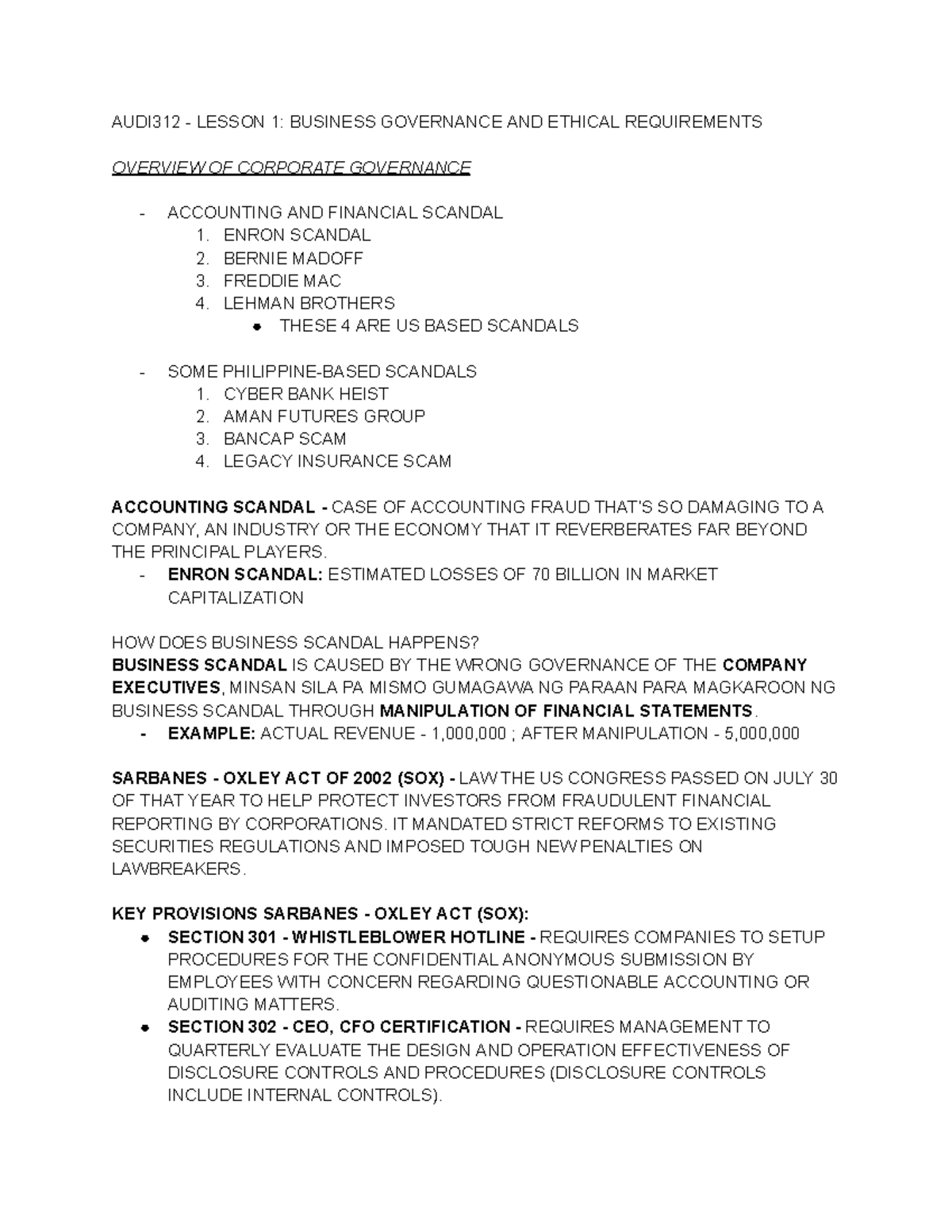 AUDI312 - Lesson 1 Business Governance AND Ethical Requirements ...