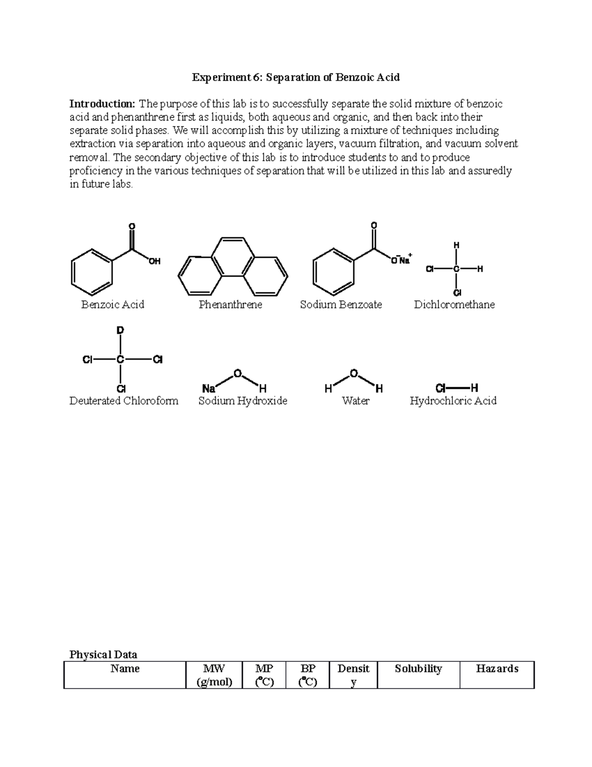 Lab 6 Separation of Benzoic AcidPre-Lab - Experiment 6: Separation of Benzoic Acid Introduction ...