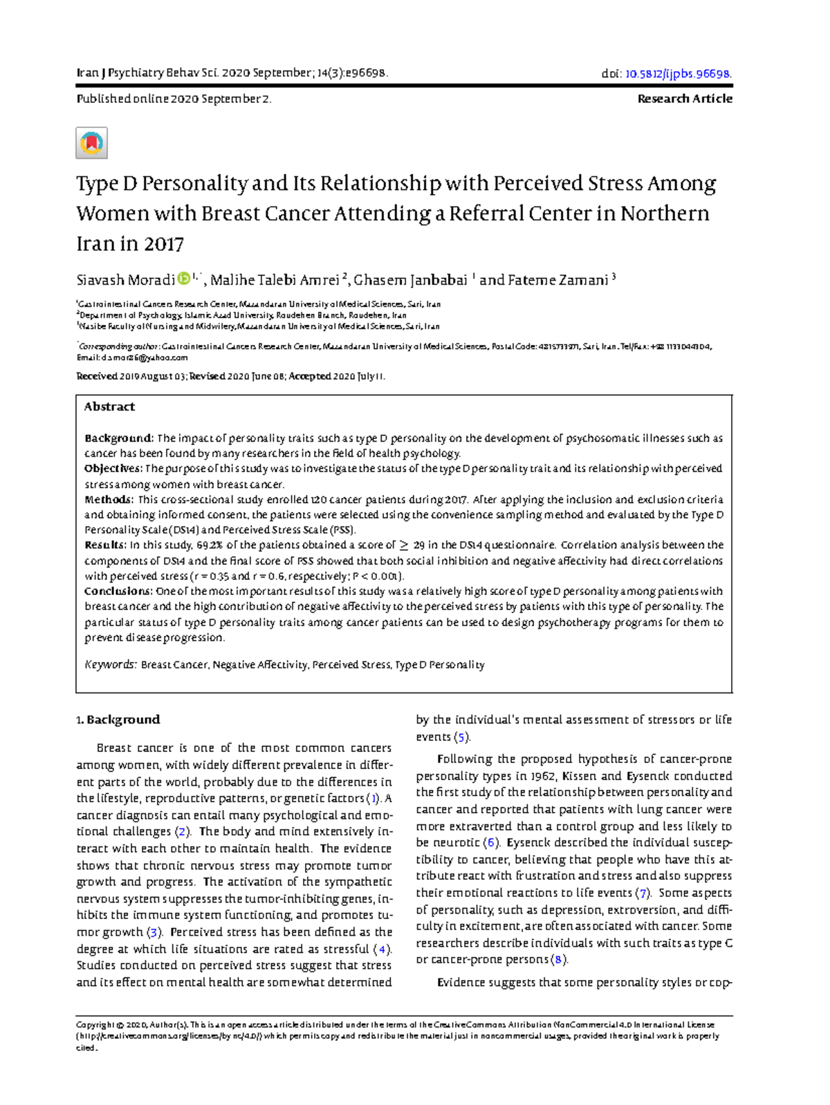 Breast - Cencas trabalho muot ncompleto - Iran J Psychiatry Behav Sci. 2020 September; 14(3 ...