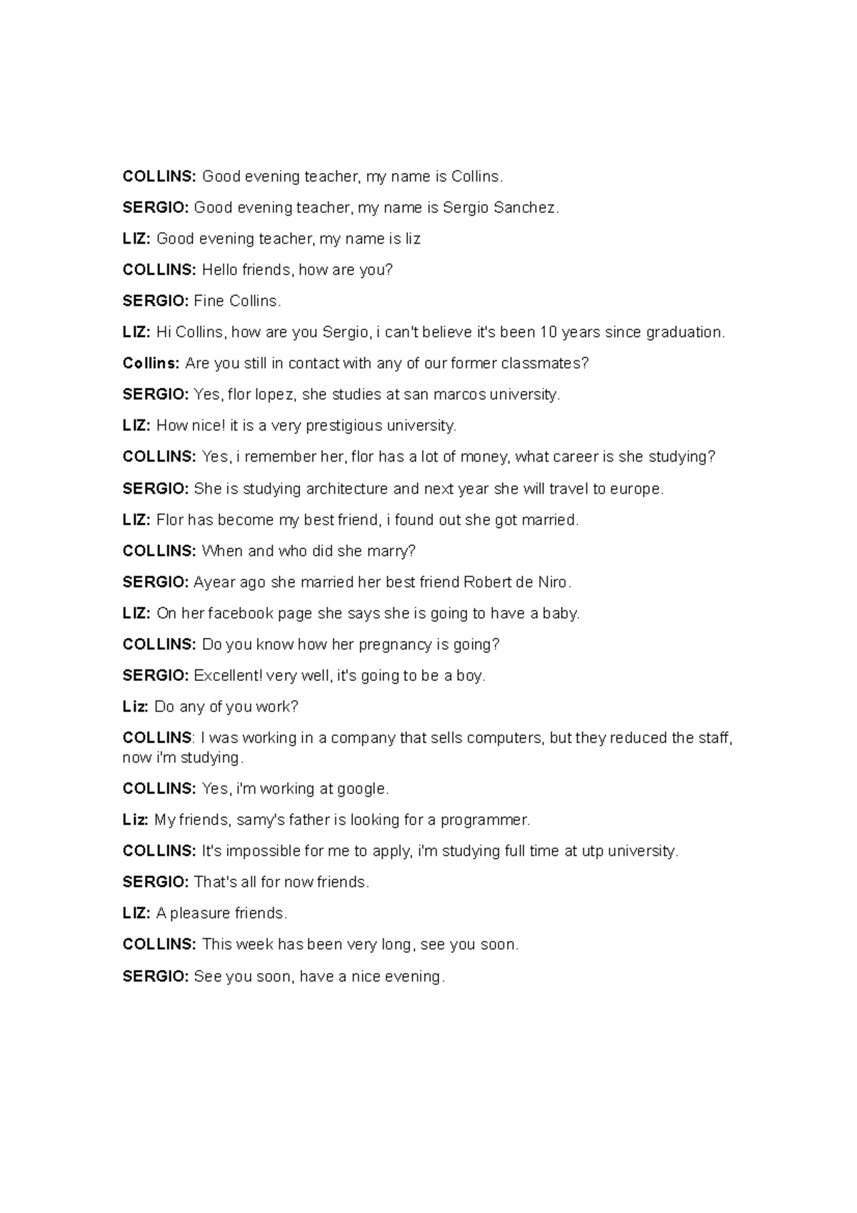 Trabajo 02 - Tarea de 3 participantes, dialogo - COLLINS: Good evening ...