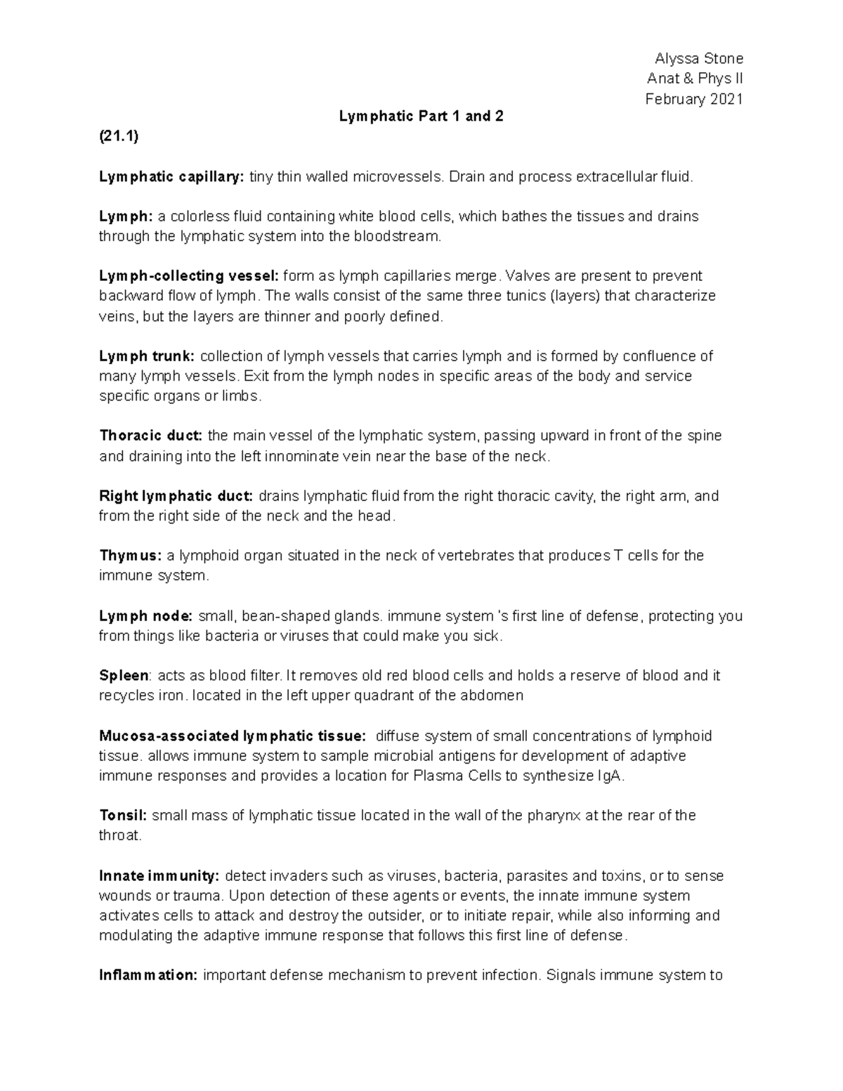 Lymphatic lab book exercises - Alyssa Stone Anat & Phys II February ...