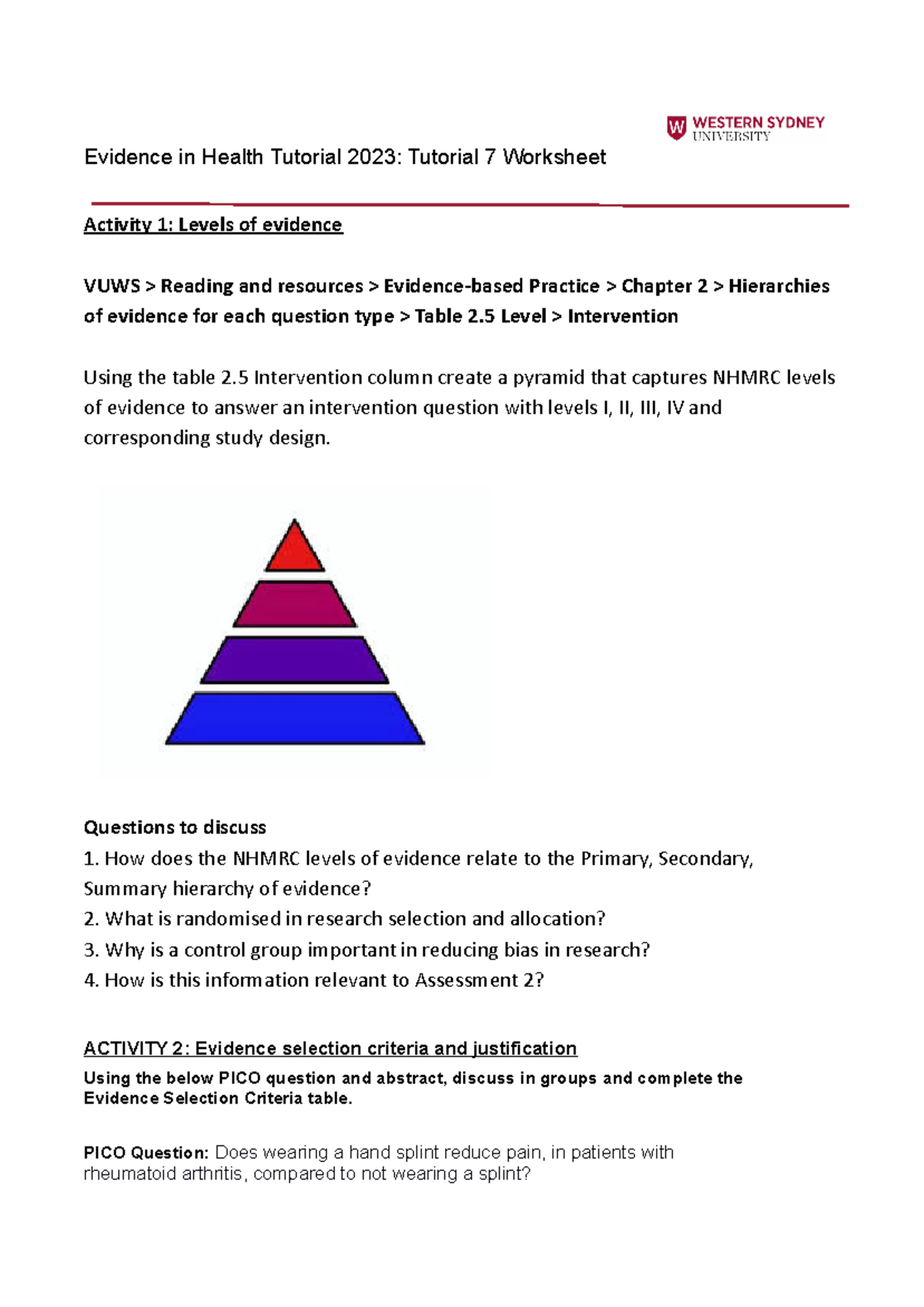 HLTH1012 EIH 2023 Tutorial Week 7 Worksheet - Evidence in Health Tutorial 2023: Tutorial 7 ...