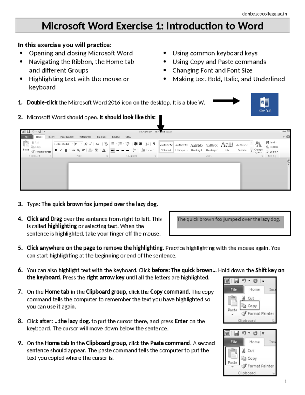 Word Exercise 1-Introduction - donboscocollege.ac Microsoft Word ...