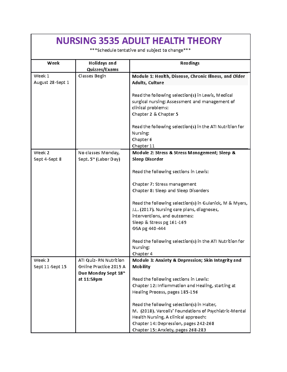Nursing 3535 Adult Health Theory Fall 23 ABSN - NURSING 3535 ADULT ...