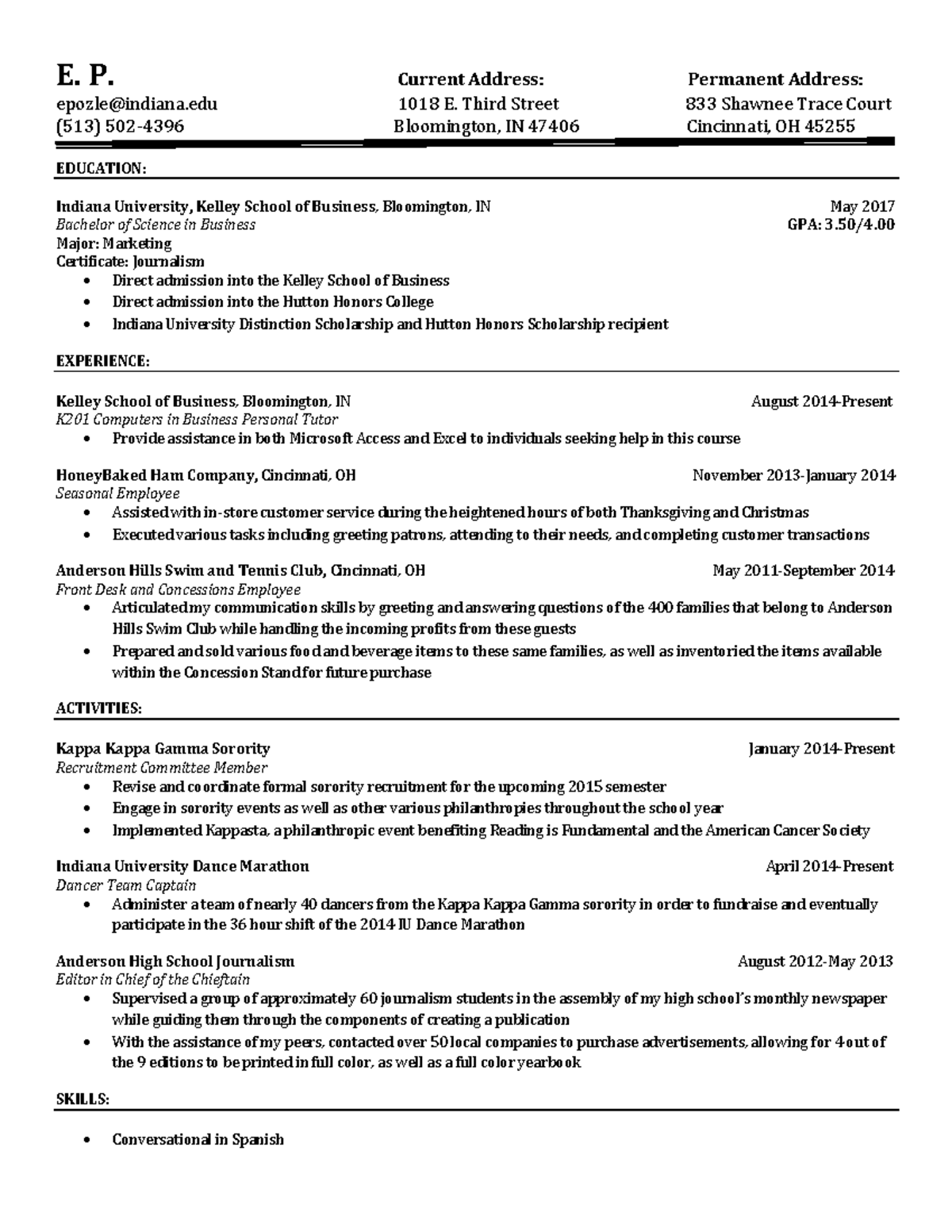 Resume Example 3 - E. P. Current Address: Permanent Address: epozle ...