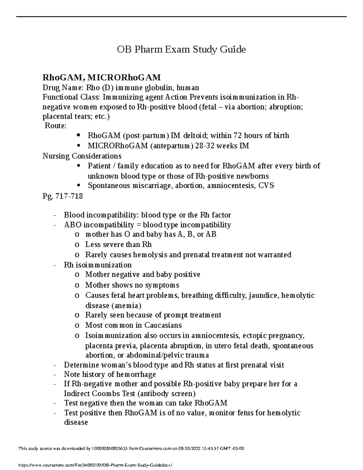 OB Pharm Exam Study Guide - OB Pharm Exam Study Guide RhoGAM ...