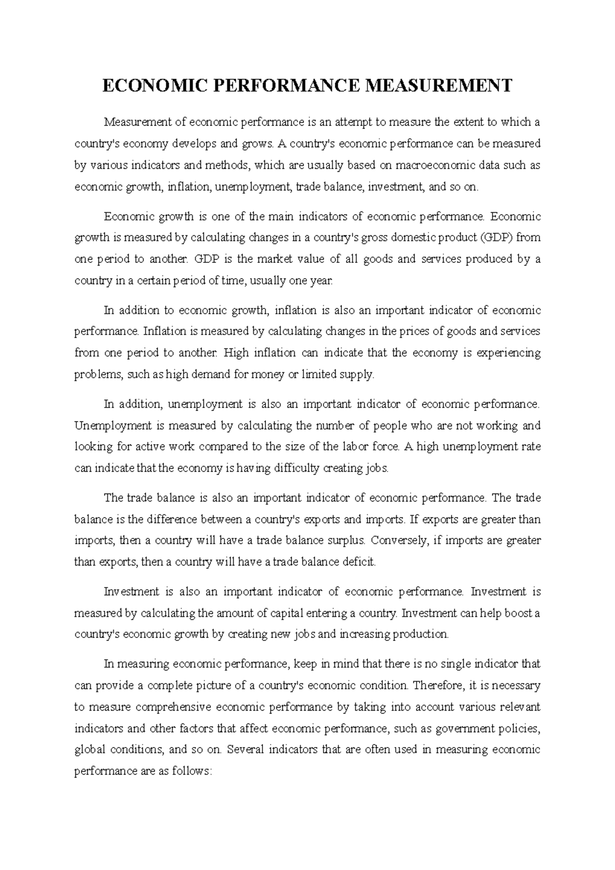 Economic Performance Measurement - ECONOMIC PERFORMANCE MEASUREMENT ...