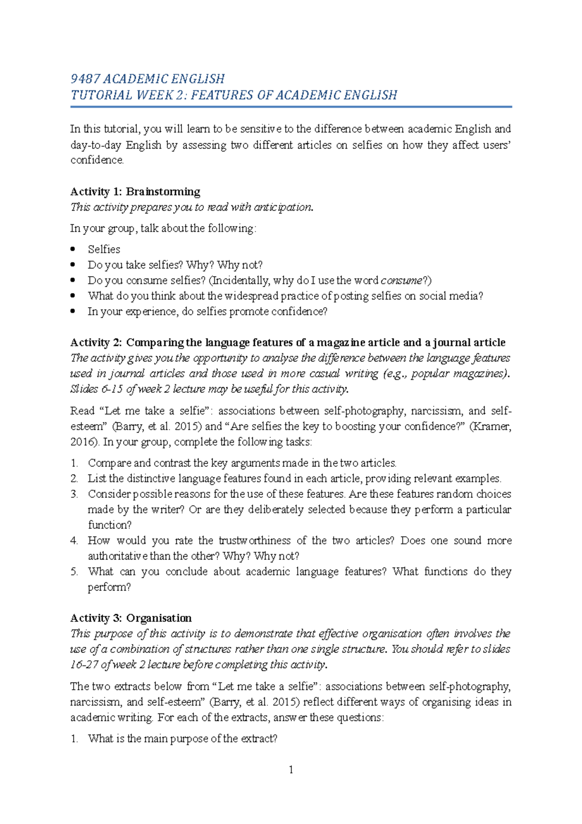 Tutorial Week 2 Features Of Academic English 9487 ACADEMIC ENGLISH