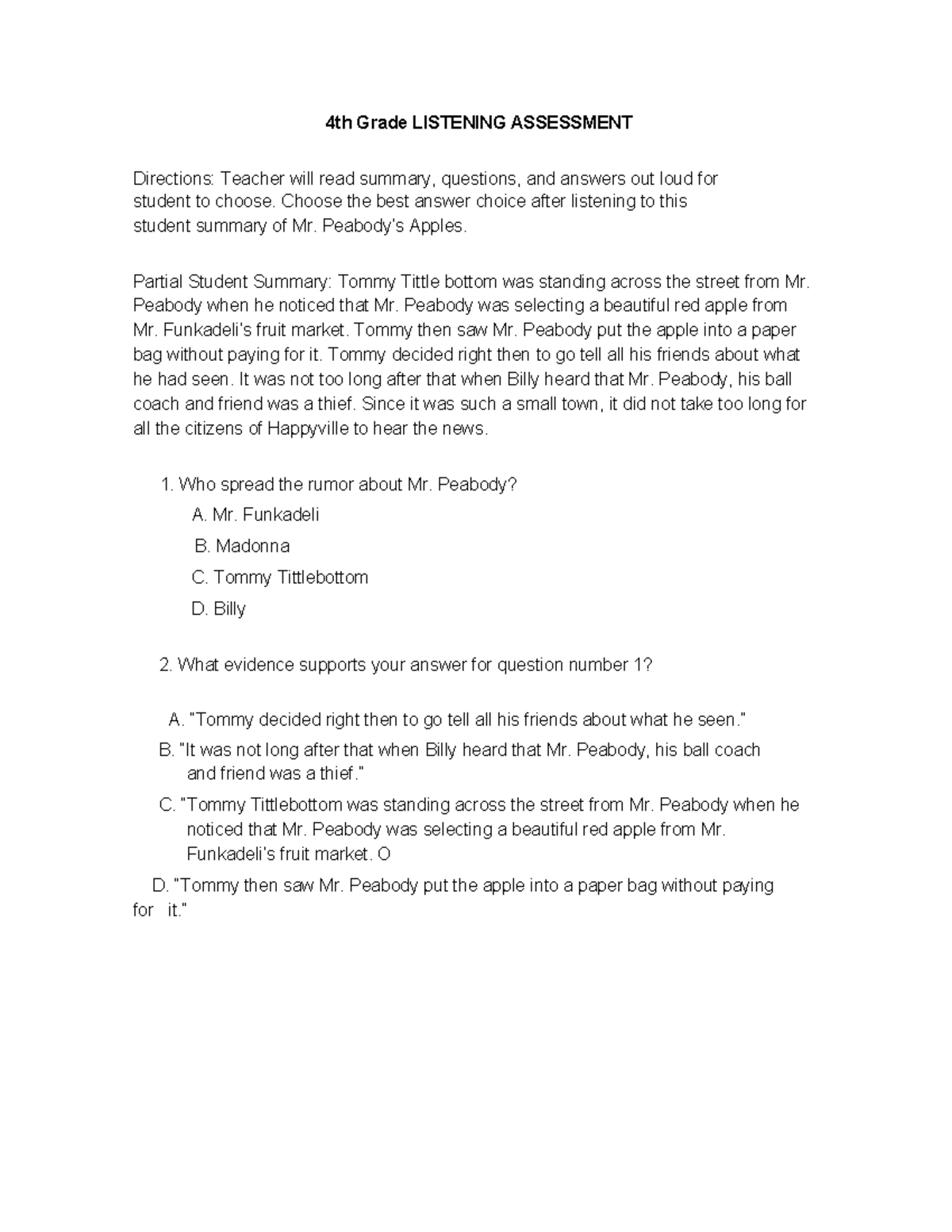 Final WIDA Assessments - 4th Grade LISTENING ASSESSMENT Directions ...