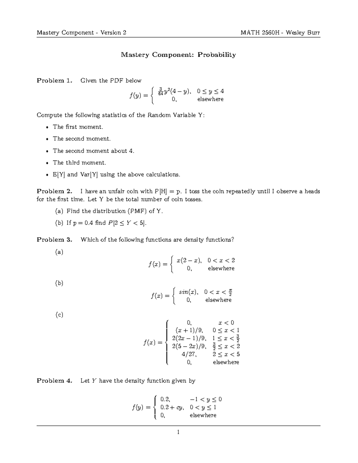 MATH2560 M1 V2 - Assignment for the course - Mastery Component - Version 2 MATH 2560H - Wesley ...