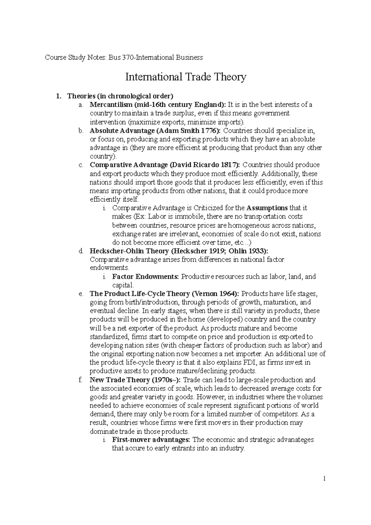 Trade Theory-notes - lecture notes - 1 Course Study Notes: Bus 370 ...