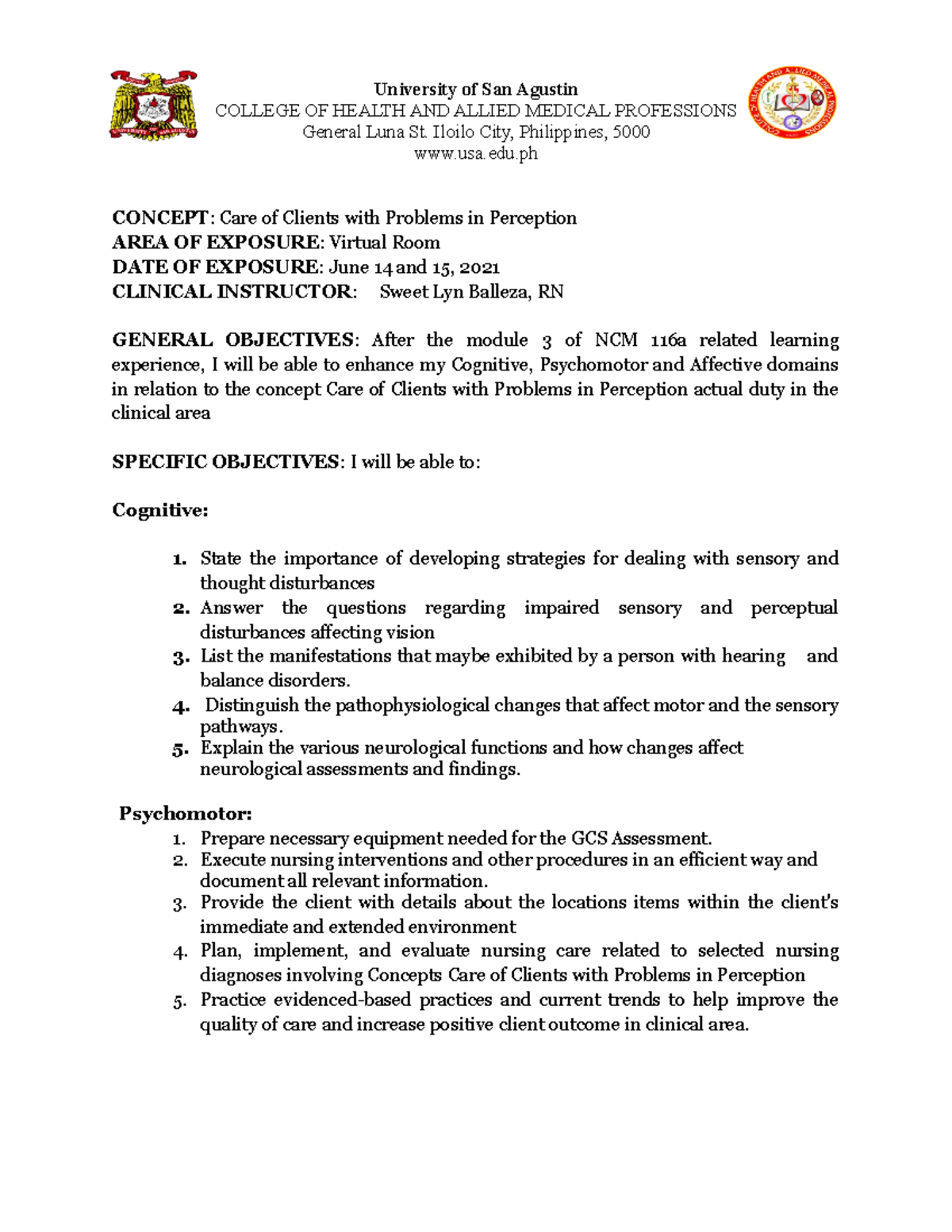NCM116a Objectives Rolloque - University of San Agustin COLLEGE OF ...