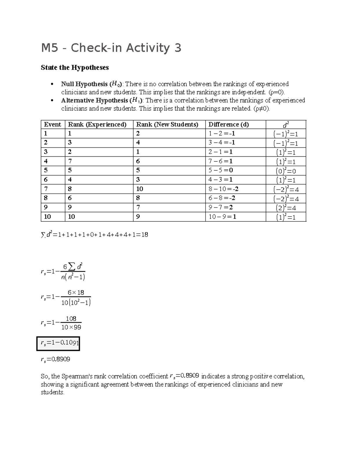 Utdau M5-CIA3 - M5 - Check-in Activity 3 State the Hypotheses Null Hypothesis ( H 0 ): There is ...