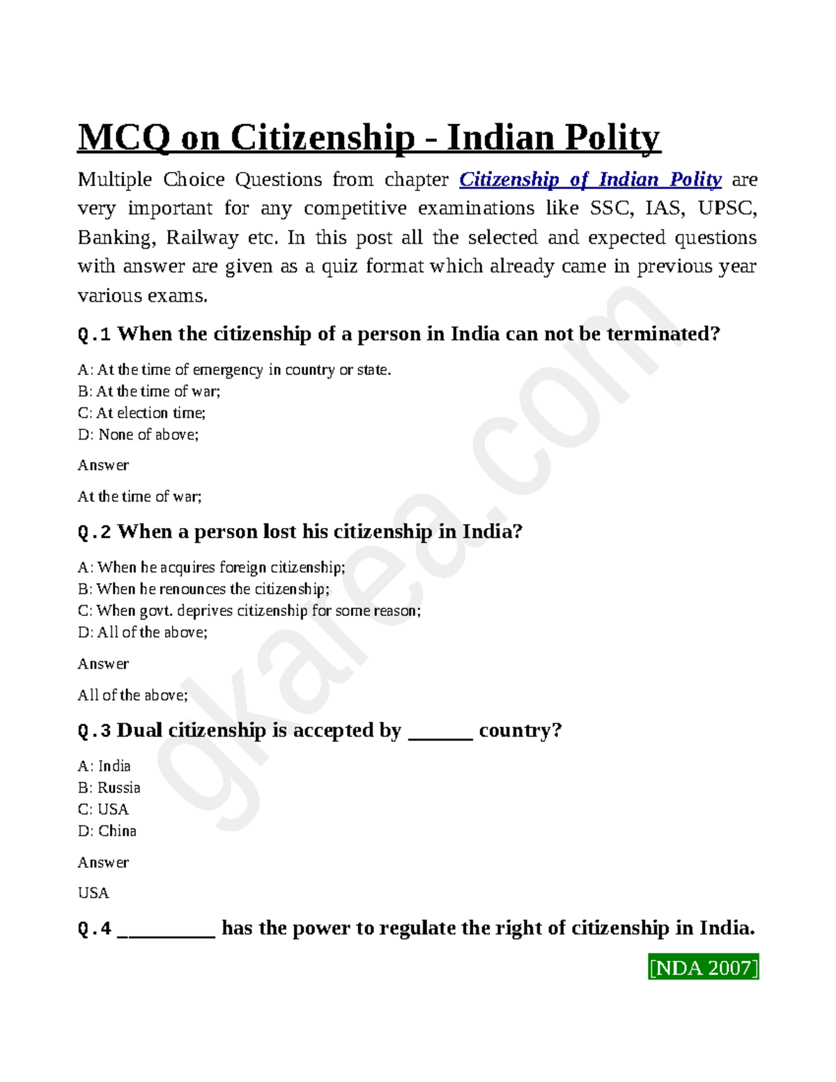 Citizenship - Success tasty - MCQ on Citizenship - Indian Polity ...