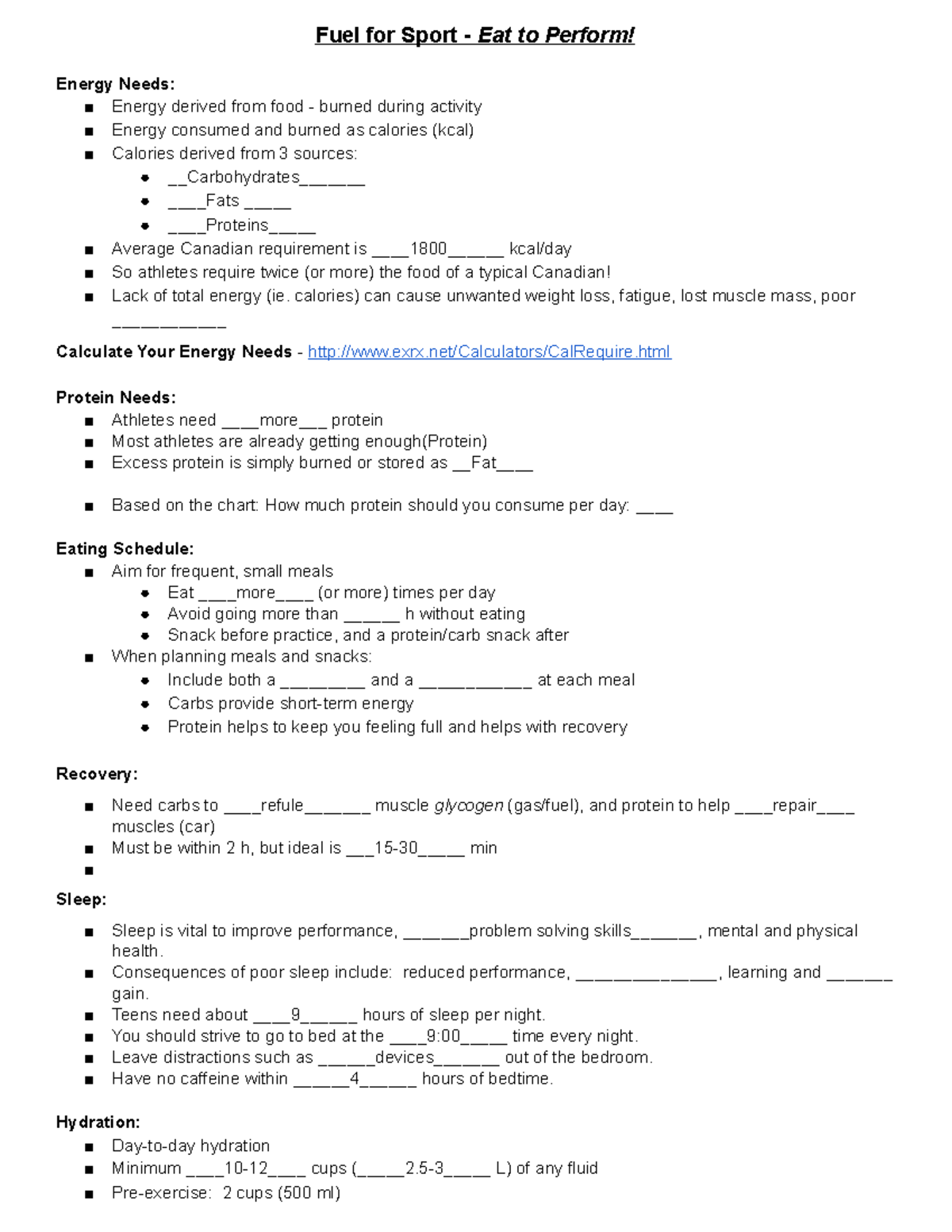 Da Costa PAF 301 Fuel for Sport Worksheet - Fuel for Sport - Eat to ...