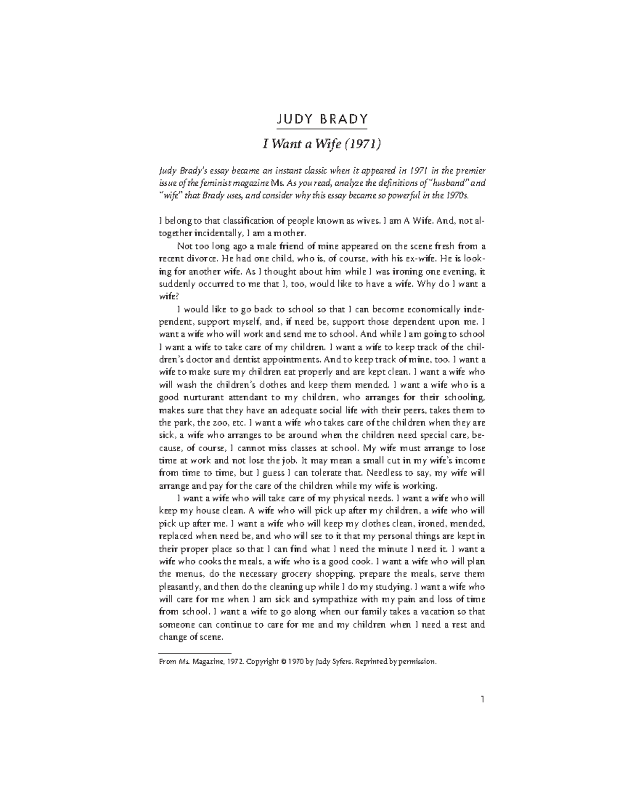 I Want a Wife - Language prompt - J U D Y B R A D Y I Want a Wife (1971 ...