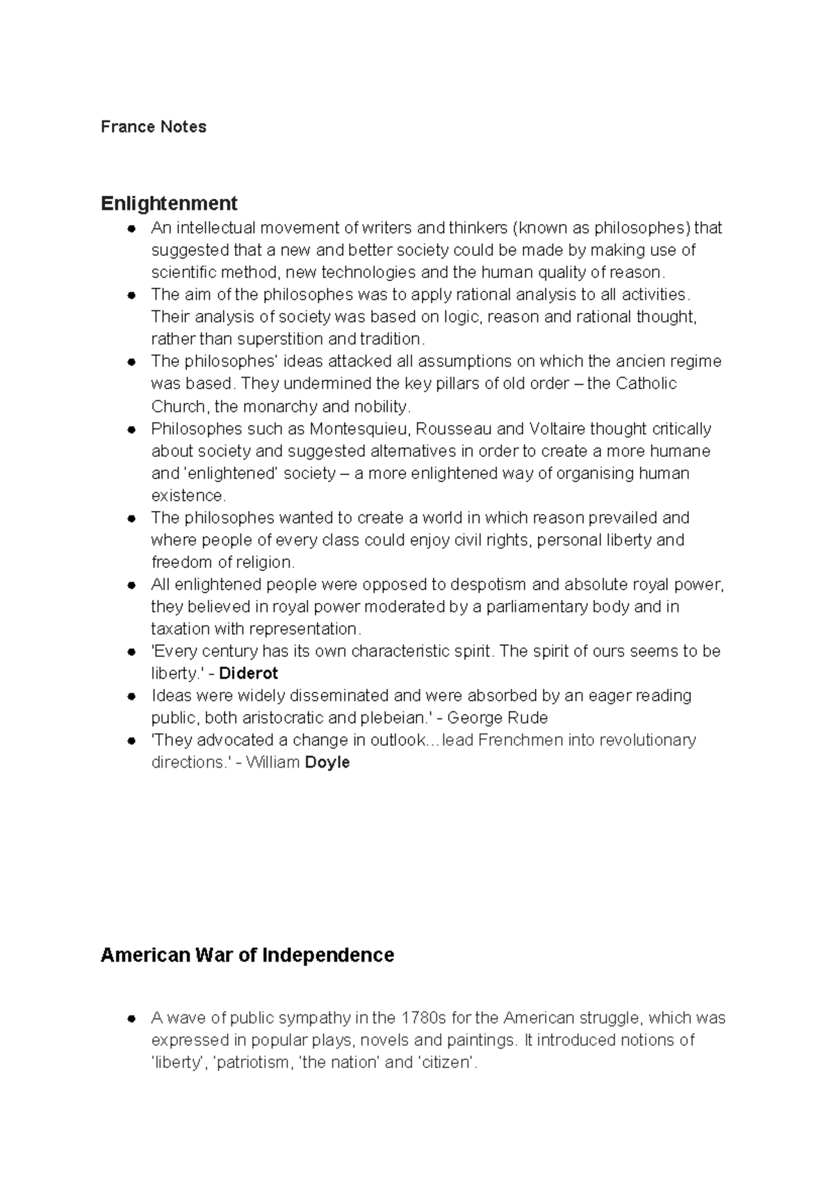 French revs - France Notes Enlightenment An intellectual movement of ...
