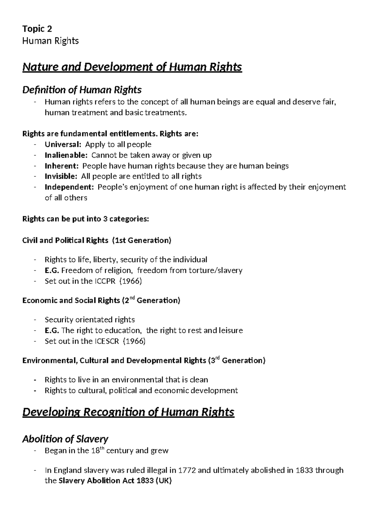 Human Rights Summary - Topic 2 Human Rights Nature and Development of ...