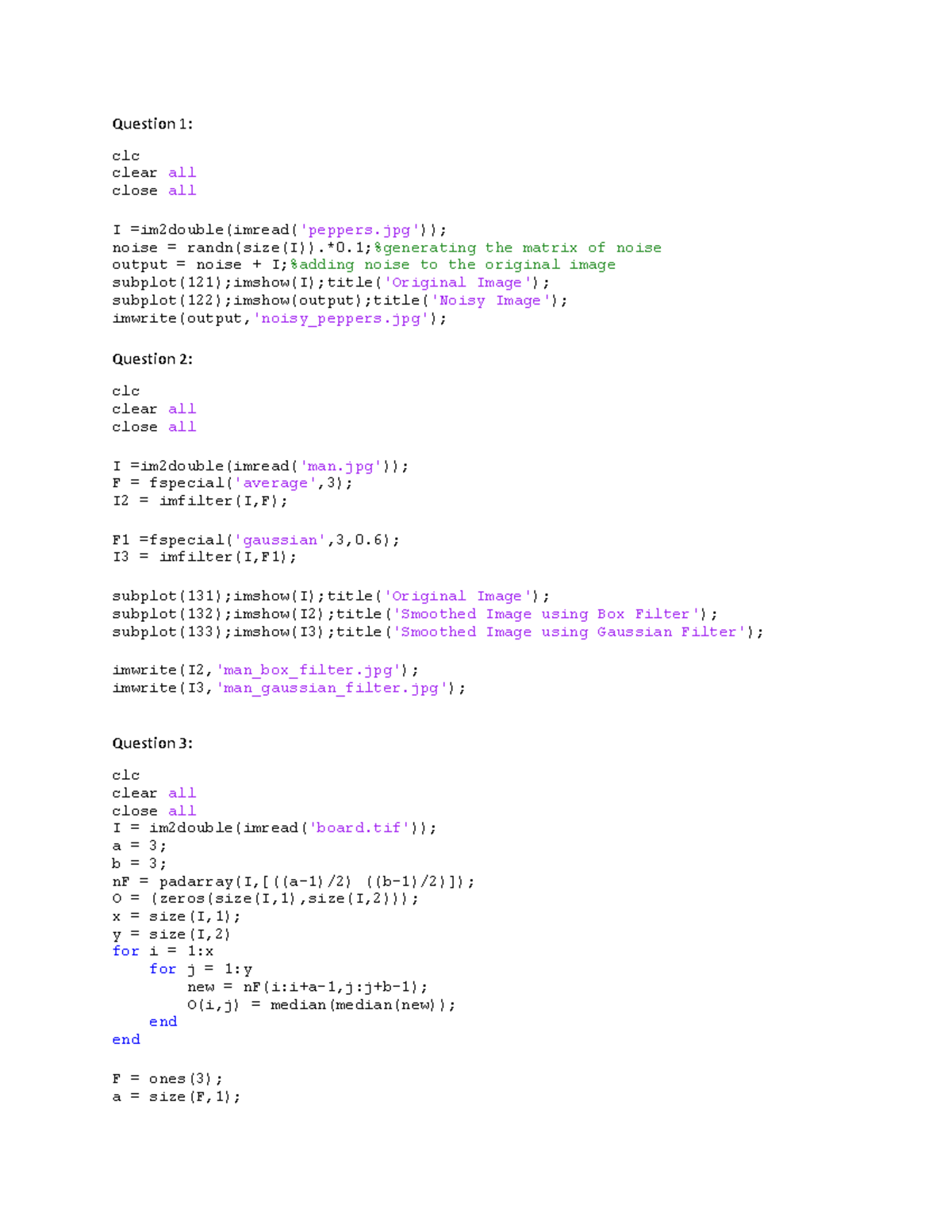 DIP Lab convulution 2d function digital - Question 1: clc clear all ...