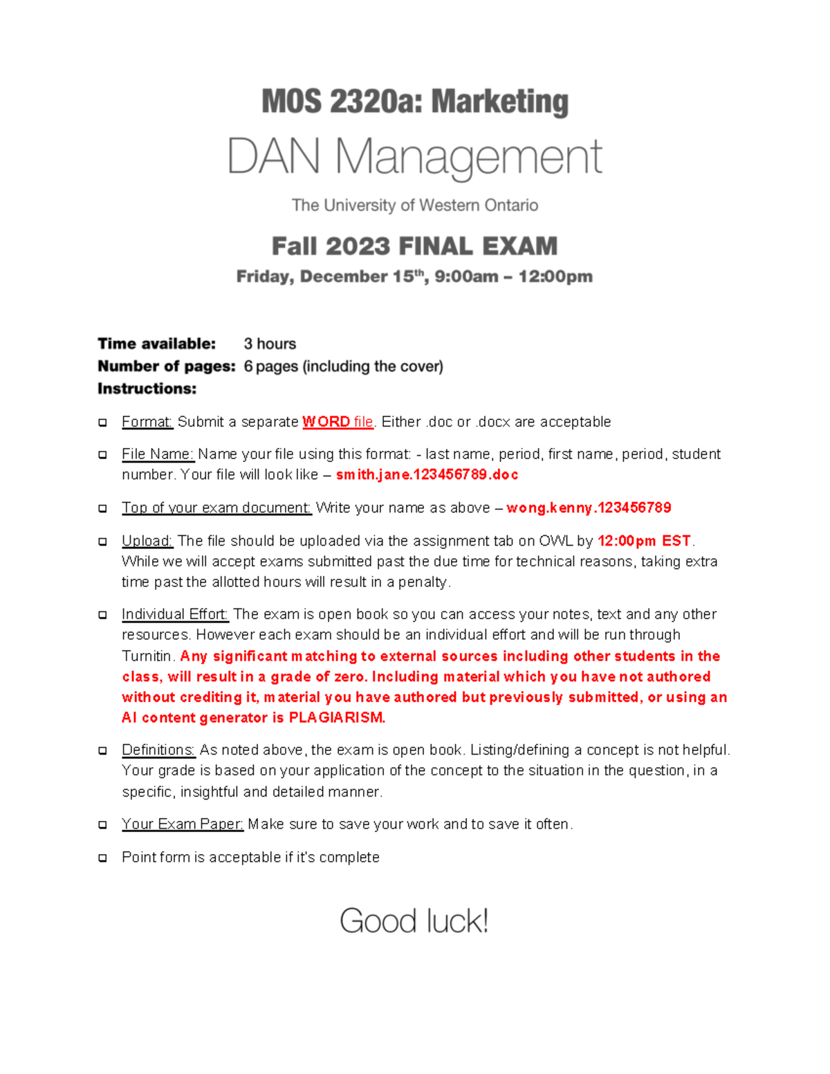 MOS 2320 a Final EXAM - Format: Submit a separate WORD file. Either ...