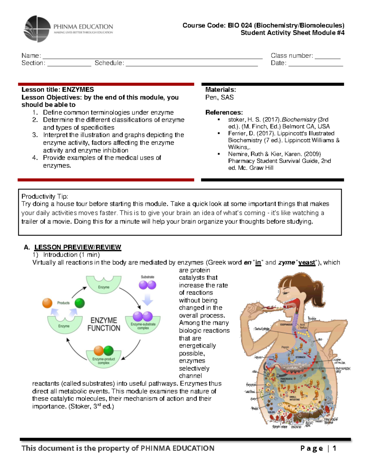 SAS for Biochemistry BIO 024 Module 4 - Student Activity Sheet Module ...
