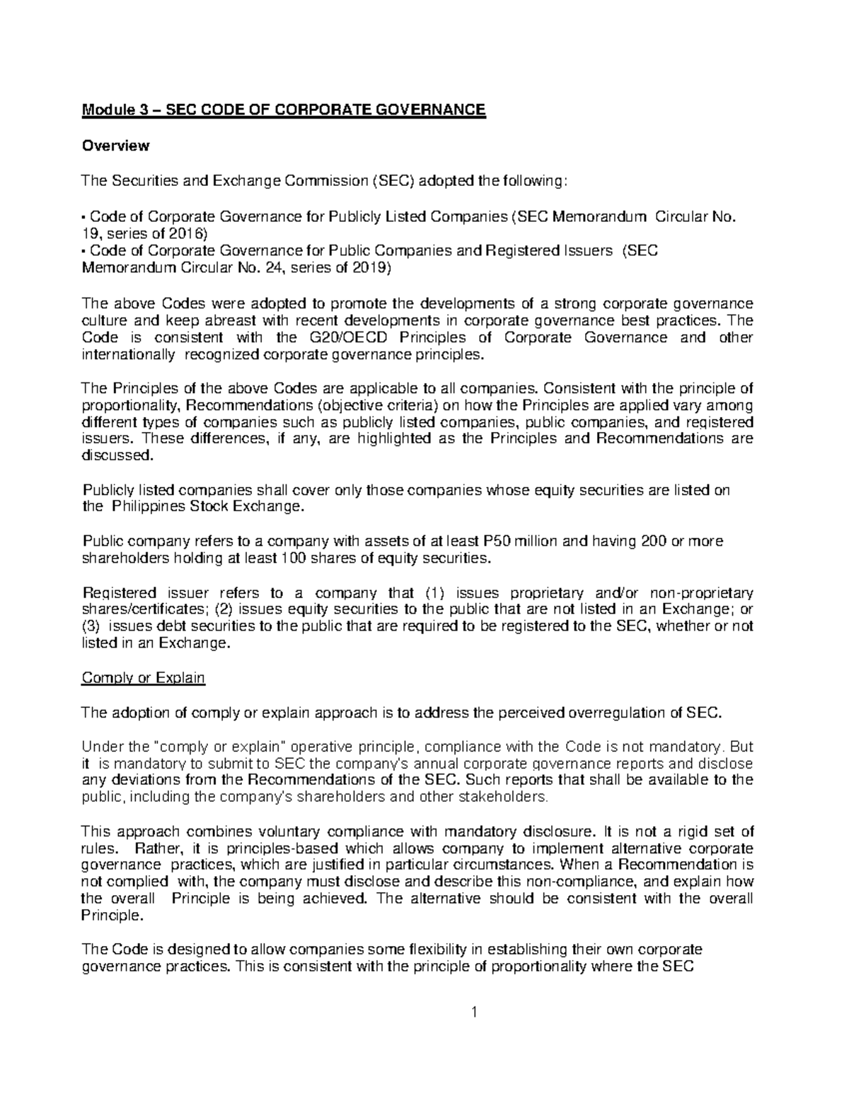Module 3 SEC CODE of Corporate Governance - Module 3 – SEC CODE OF CORPORATE GOVERNANCE Overview ...