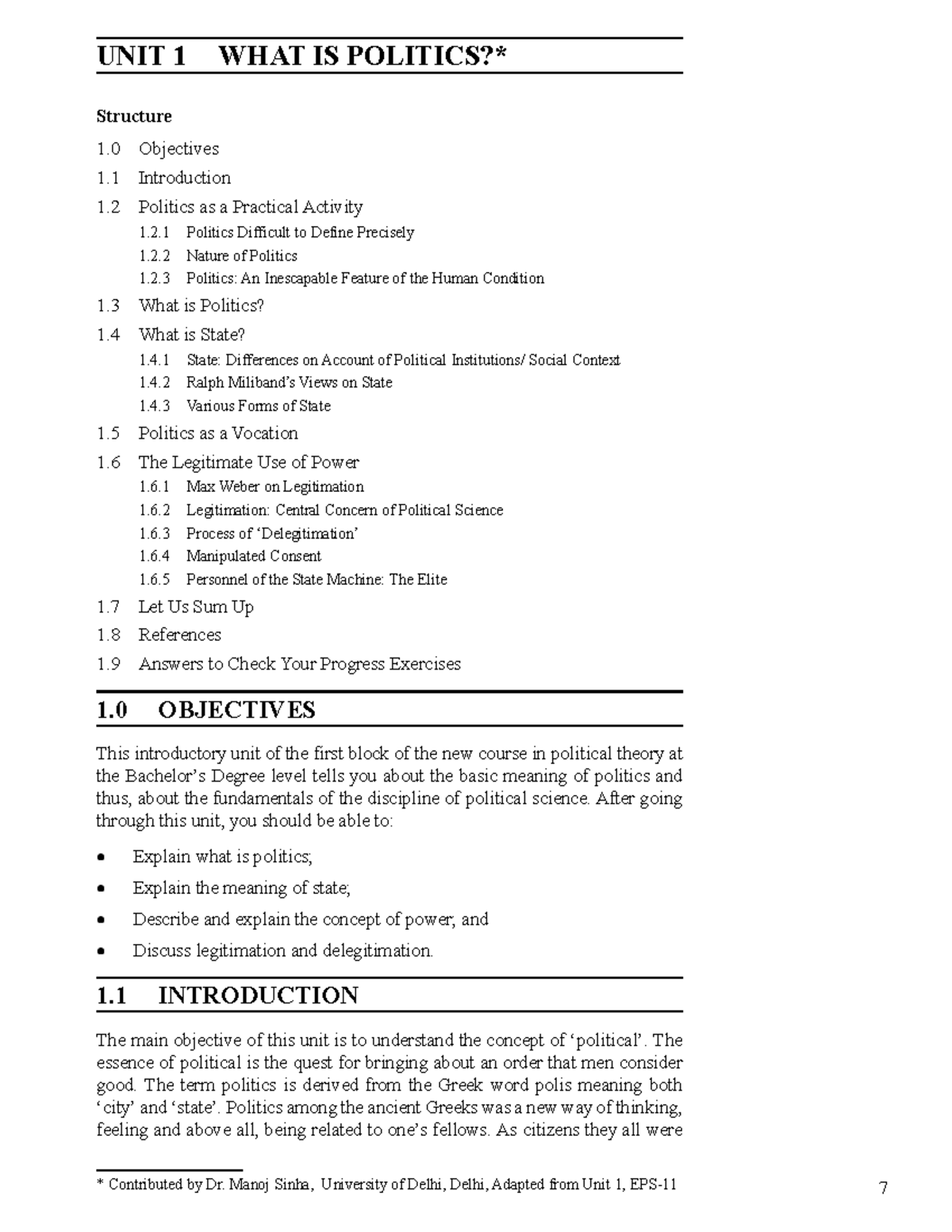 Chapter 1 - What is Politics? UNIT 1 WHAT IS POLITICS?* Structure 1 ...