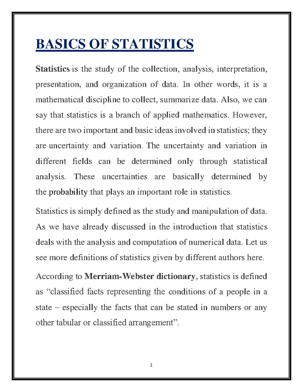 Basics OF Statistics - It's a lecture notes - BASICS OF STATISTICS ...