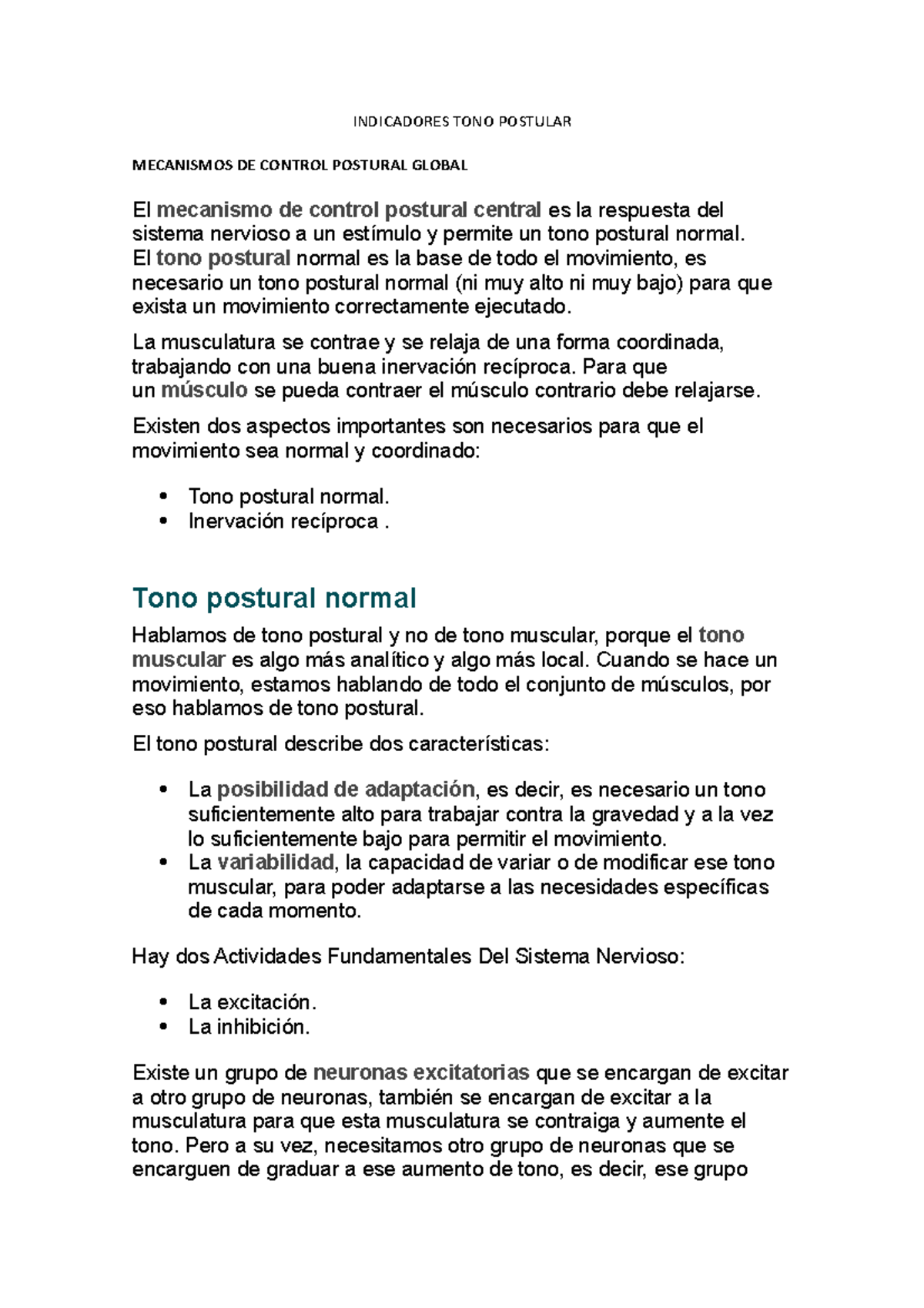 Indicadores TONO Postular - INDICADORES TONO POSTULAR MECANISMOS DE CONTROL POSTURAL GLOBAL ...