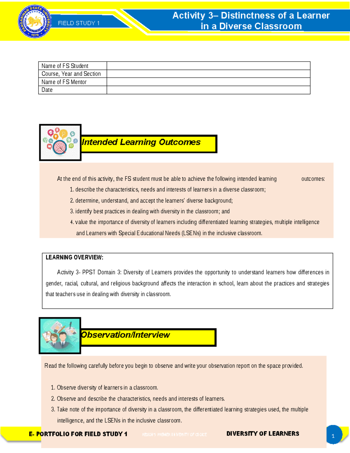FS1-Activity-3 - None - FIELD STUDY 1 in a Diverse Classroom 1 E ...