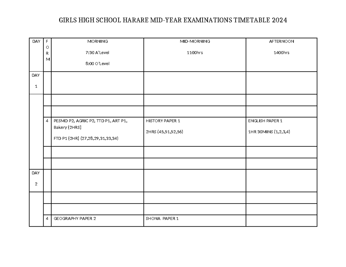 Mid year timetable-1 - its very informative - DAY F O R M MORNING 7:30 ...