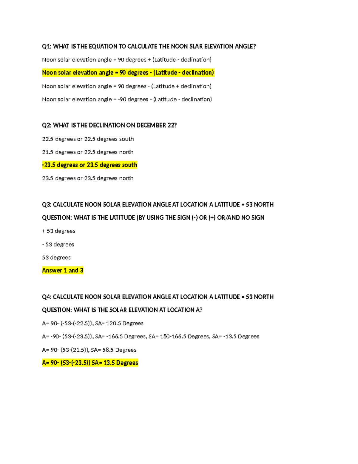 Noon solar elevation angle - Q1: WHAT IS THE EQUATION TO CALCULATE THE ...