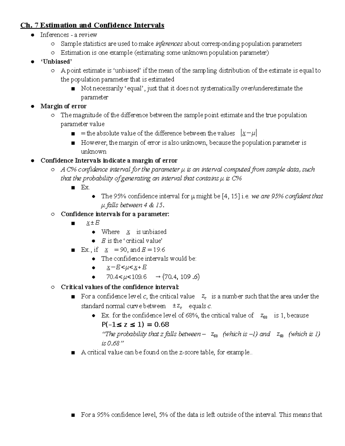Ch. 7 Estimation and Confidence Intervals - Ch. 7 Estimation and Confidence Intervals Inferences ...