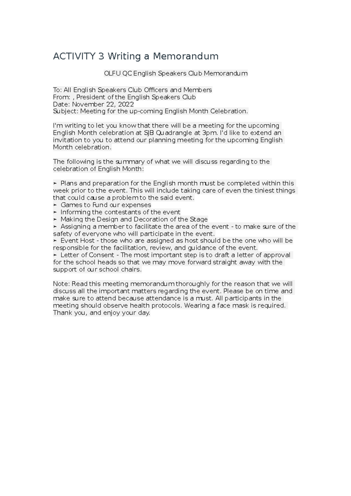 Activity 3 Writing a Memorandum(13) - ACTIVITY 3 Writing a Memorandum ...