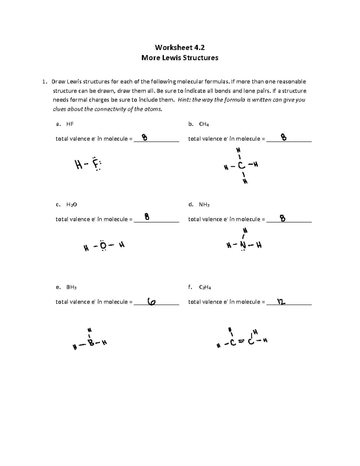 CHEM1061 CLUE Wksht 4 - worksheet 4.2 - Worksheet 4. More Lewis ...