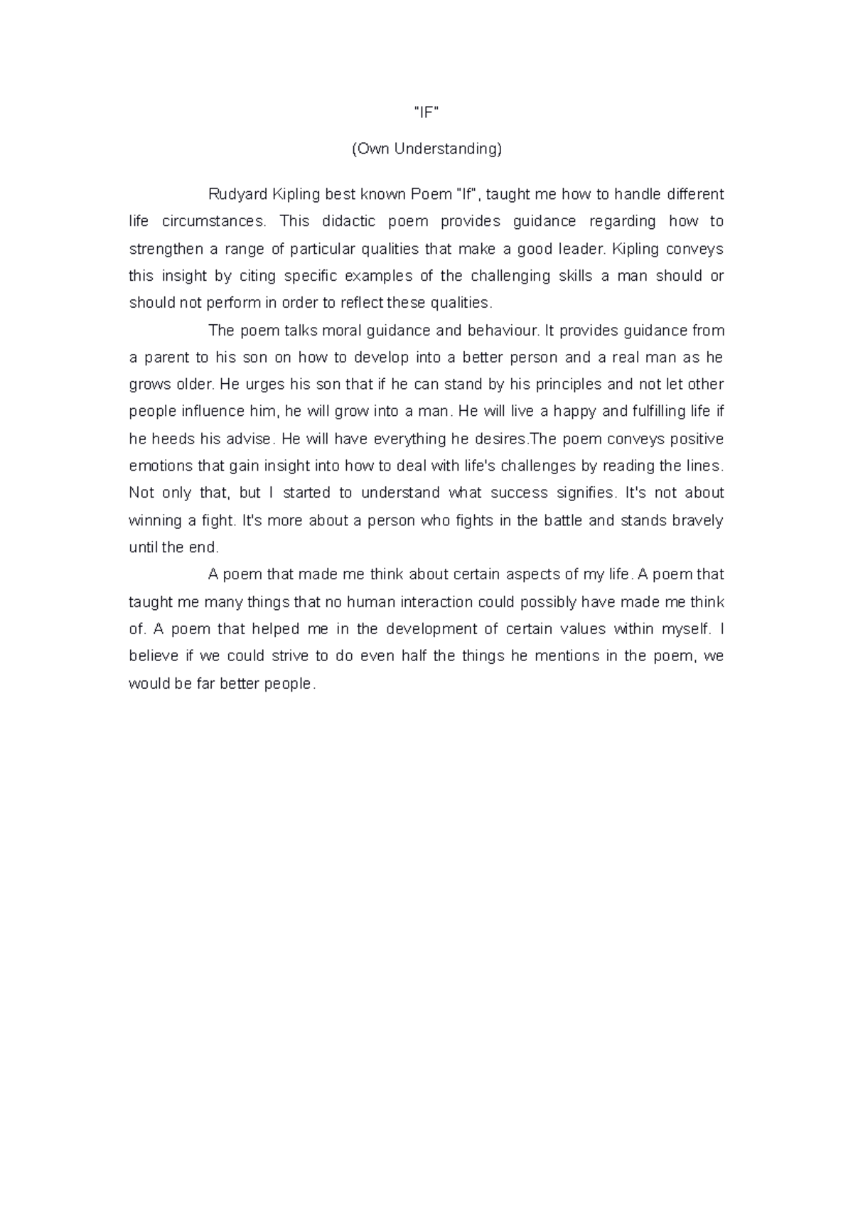 IF-poem - Summarize Poem - “IF” (Own Understanding) Rudyard Kipling ...