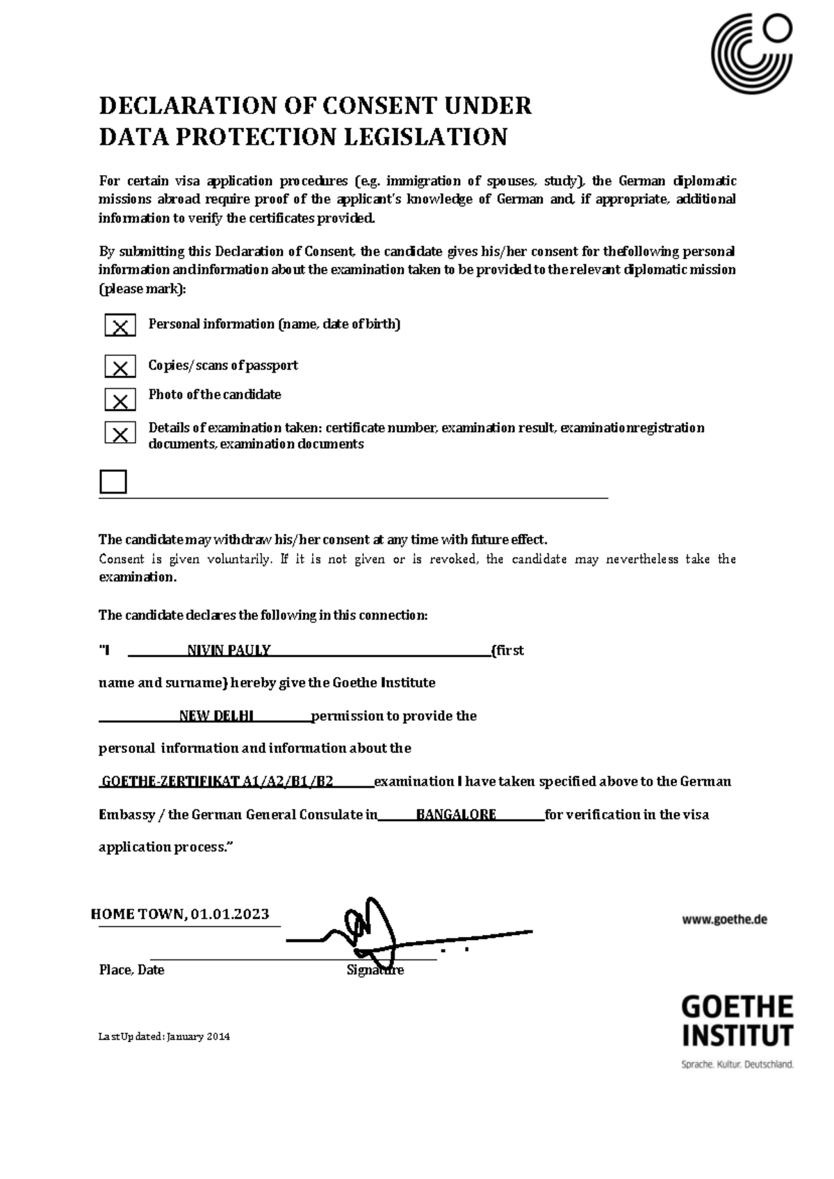 Form 1 Sample - DECLARATION OF CONSENT UNDER DATA PROTECTION ...