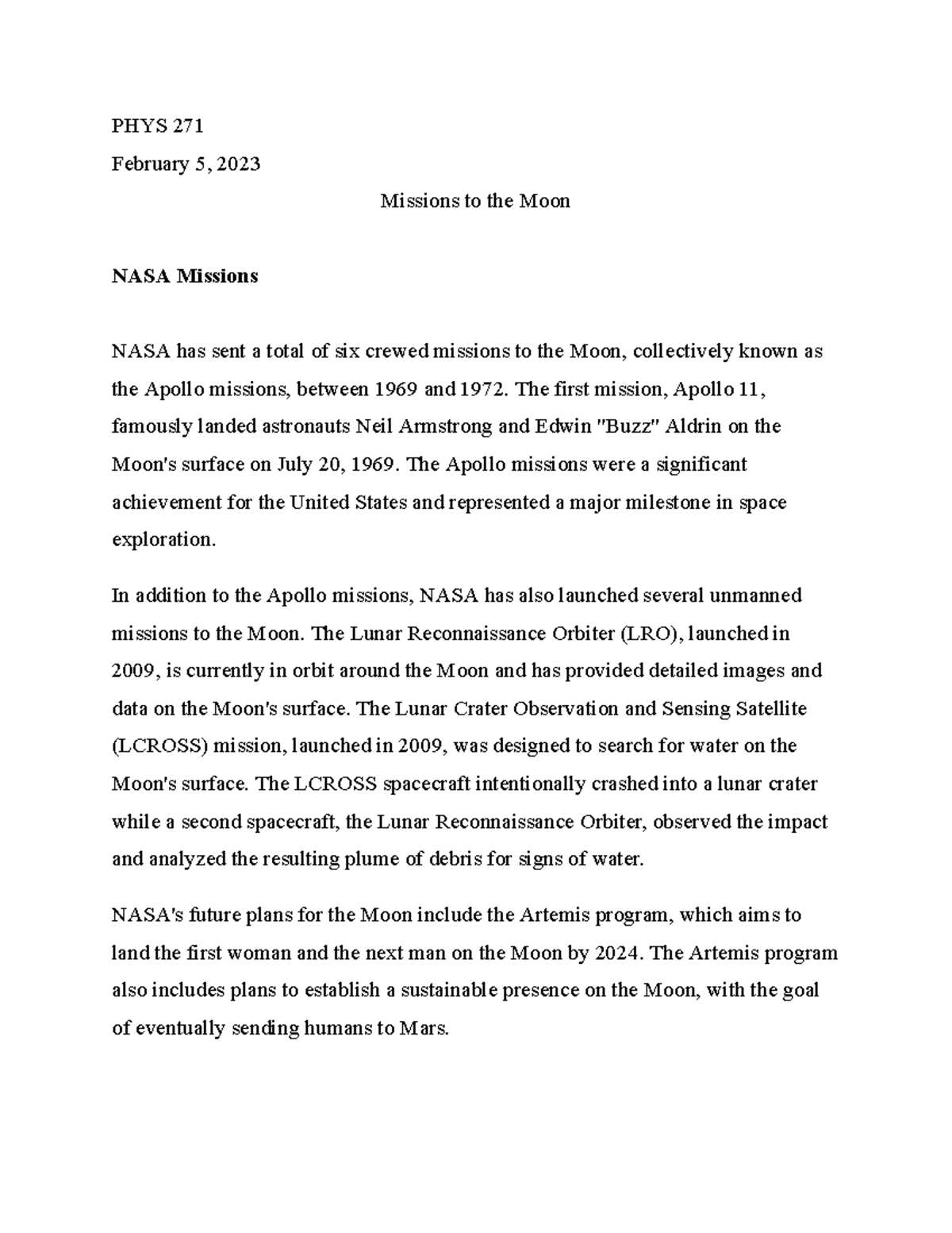 Astronomy - Missions to the Moon - PHYS 271 February 5, 2023 Missions ...