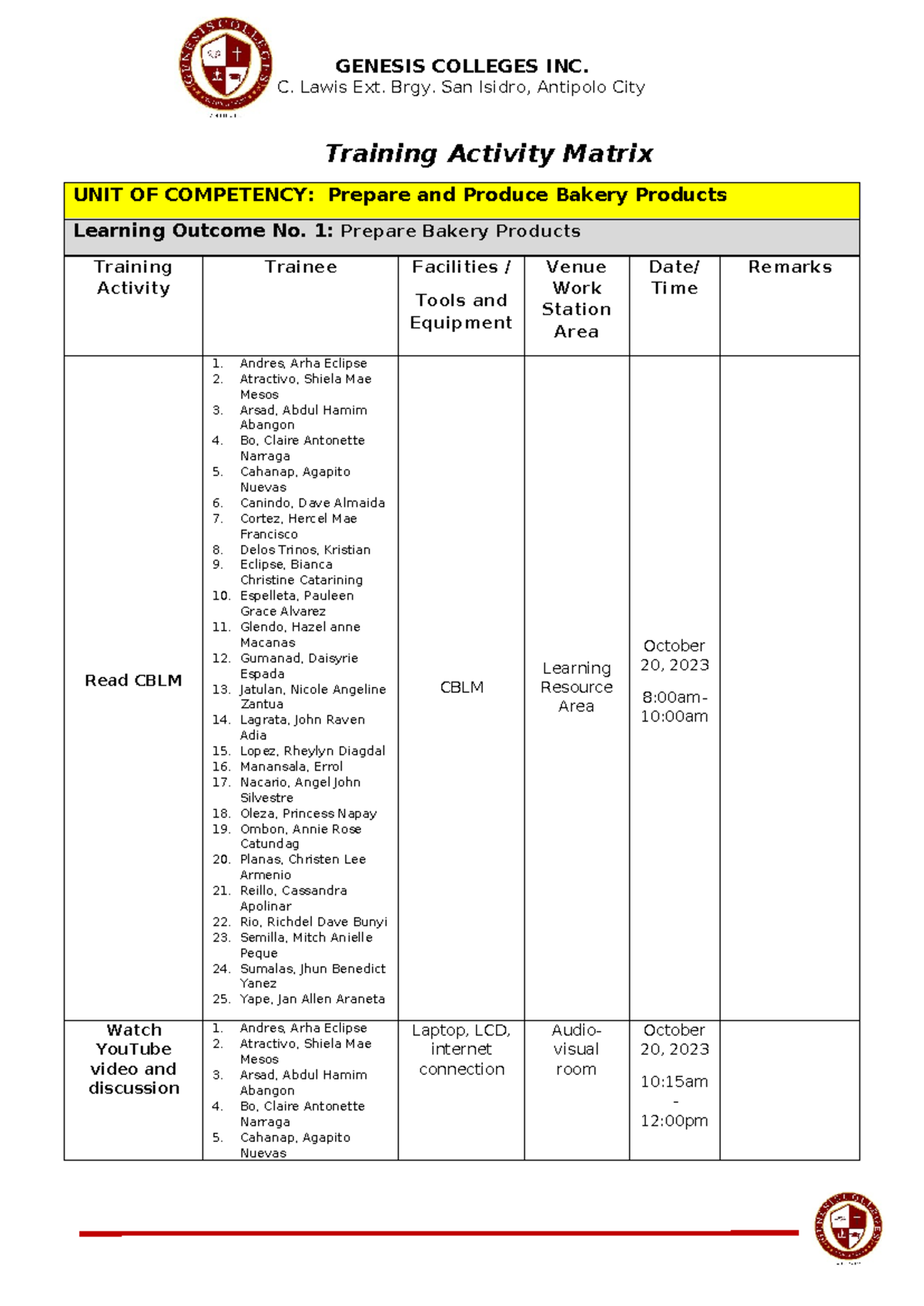 4 - Training Activity Matrix - GENESIS COLLEGES INC. C. Lawis Ext. Brgy ...
