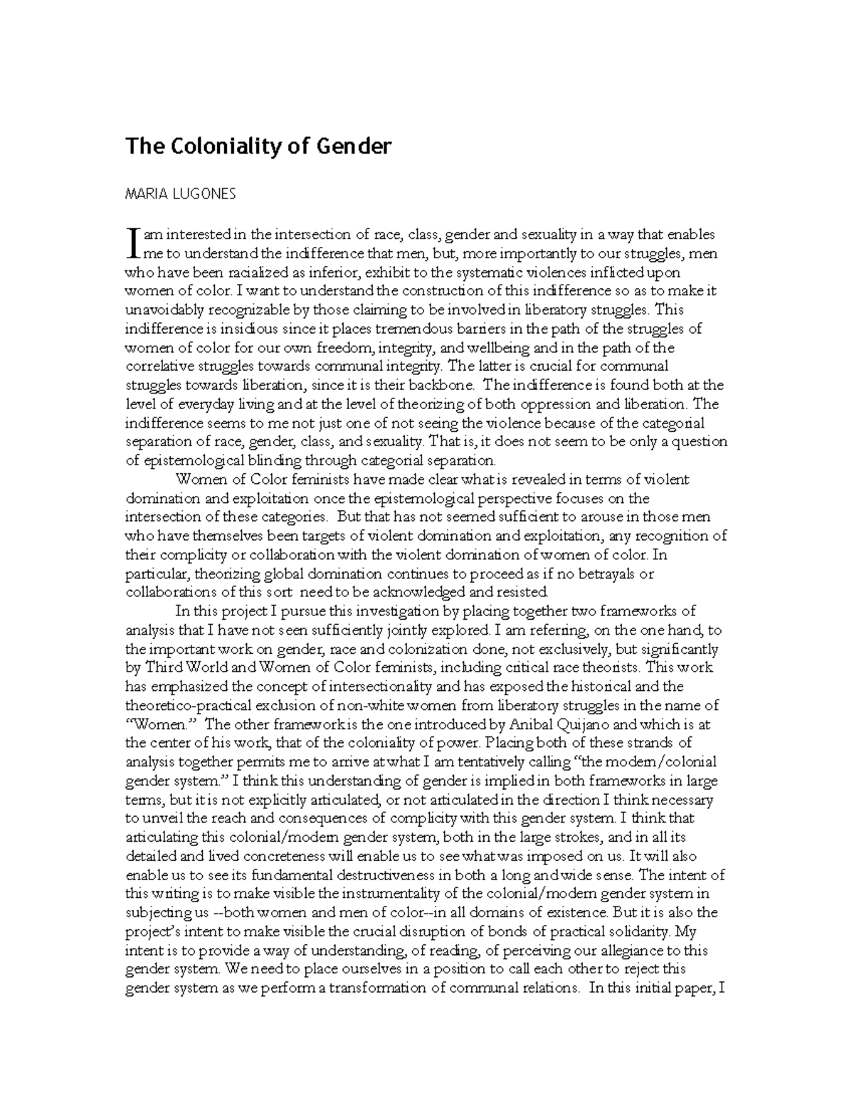 Coloniality+of+gender Lugones - The Coloniality of Gender MARIA LUGONES ...