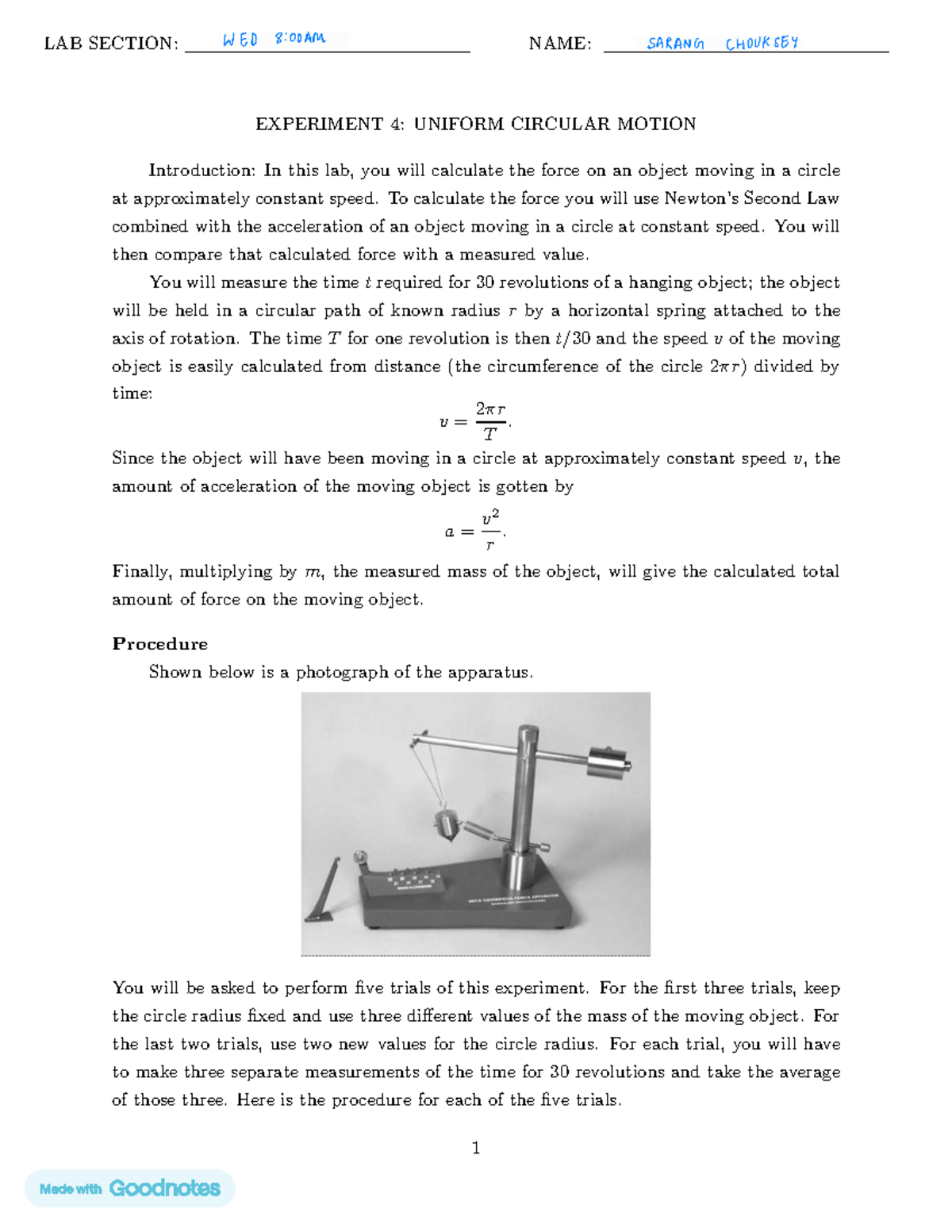 LAB4 - LAB NOTES - LAB SECTION: NAME: EXPERIMENT 4: UNIFORM CIRCULAR ...