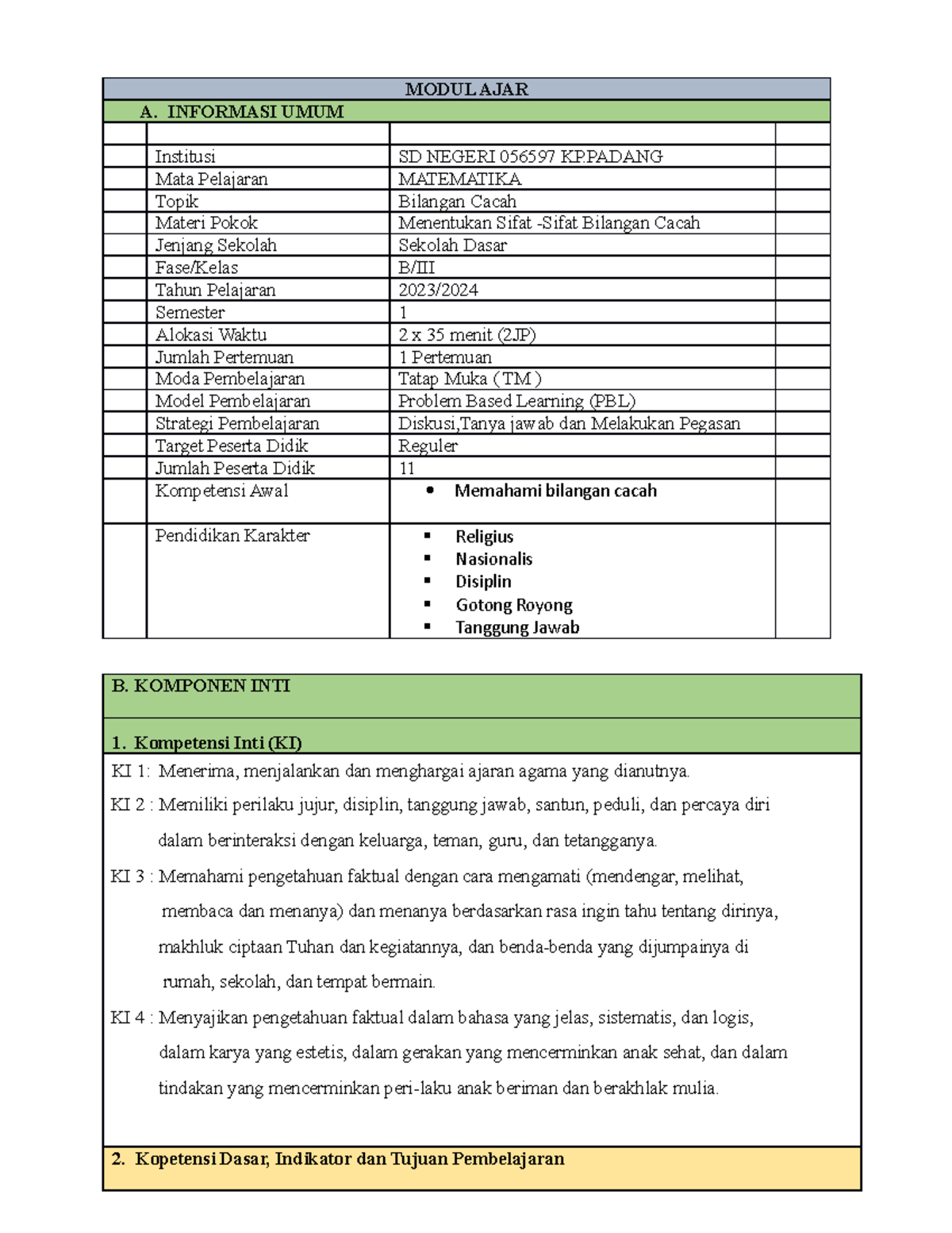 Format Modul AJAR WENI - rpp - MODUL AJAR A. INFORMASI UMUM Institusi SD NEGERI 056597 KP Mata ...