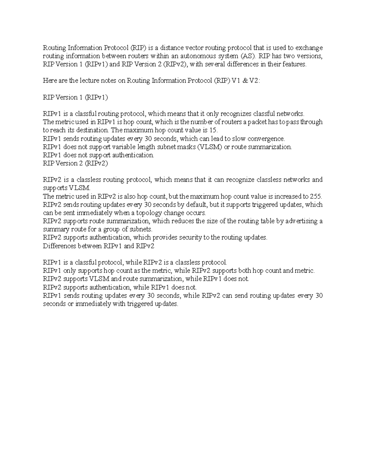 Routing Information Protocols - RIP has two versions, RIP Version 1 ...