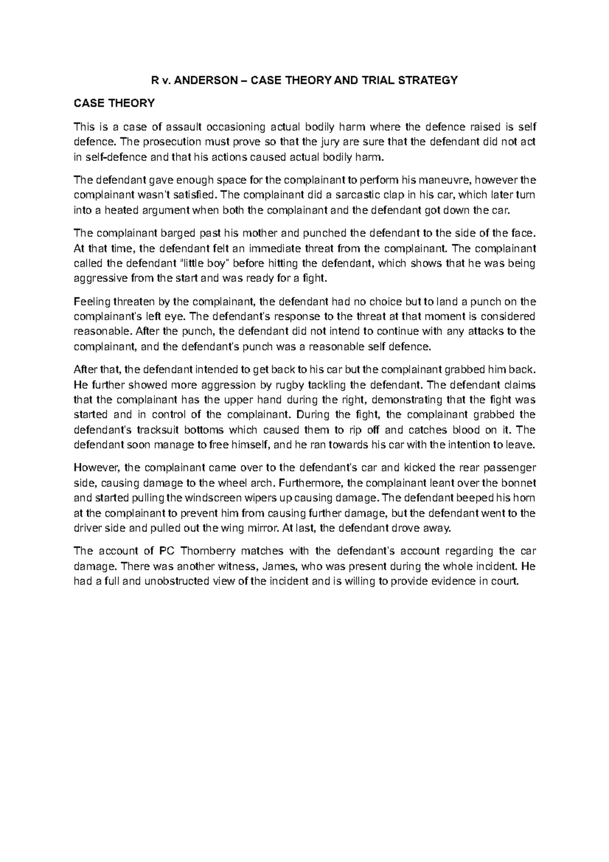 Anderson EIC trial strategy - R v. ANDERSON – CASE THEORY AND TRIAL ...