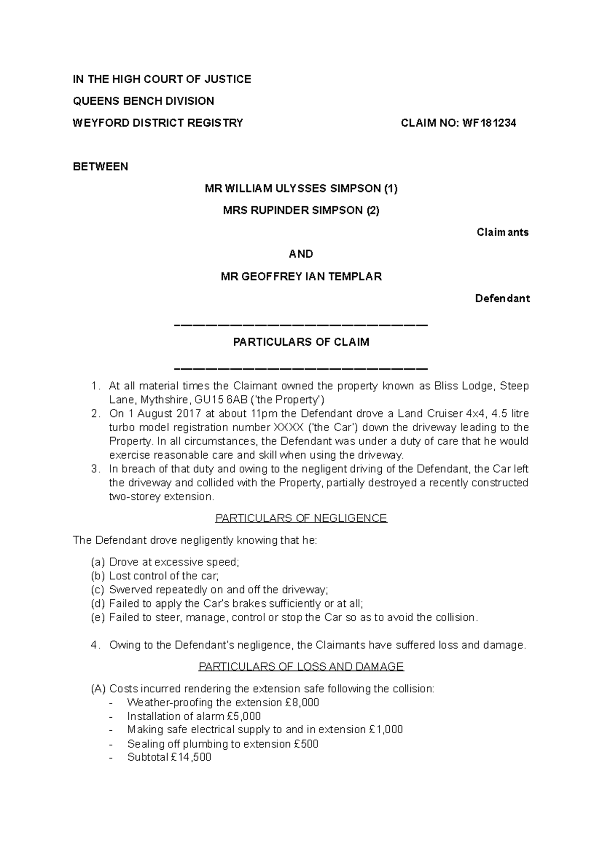 Particulars of Claim Exemplar - Negligence - IN THE HIGH COURT OF ...