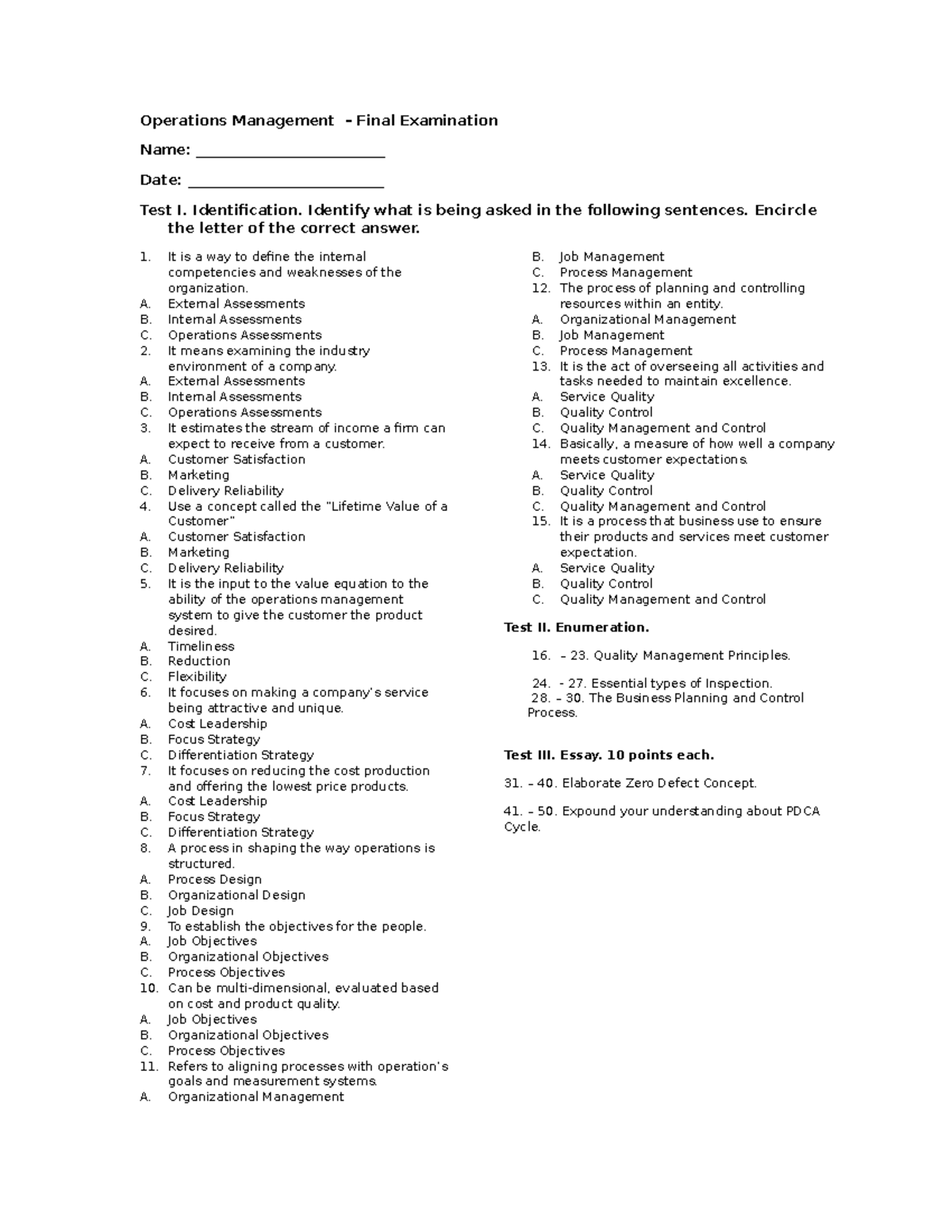 28 - Operation Management - Operations Management – Final Examination ...