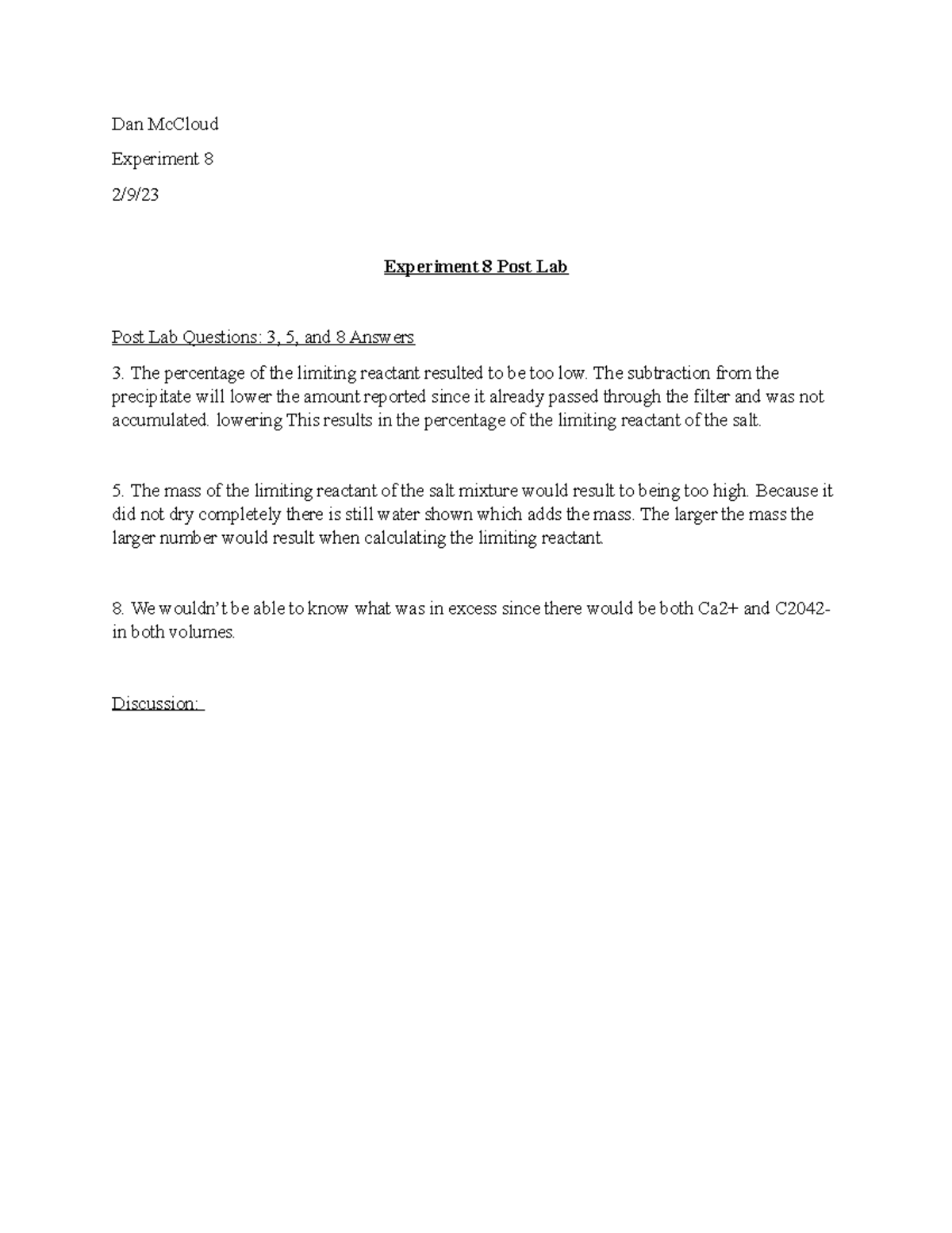 Post Lab 8 CHEM 1 - Chemistry - Dan McCloud Experiment 8 2/9 ...