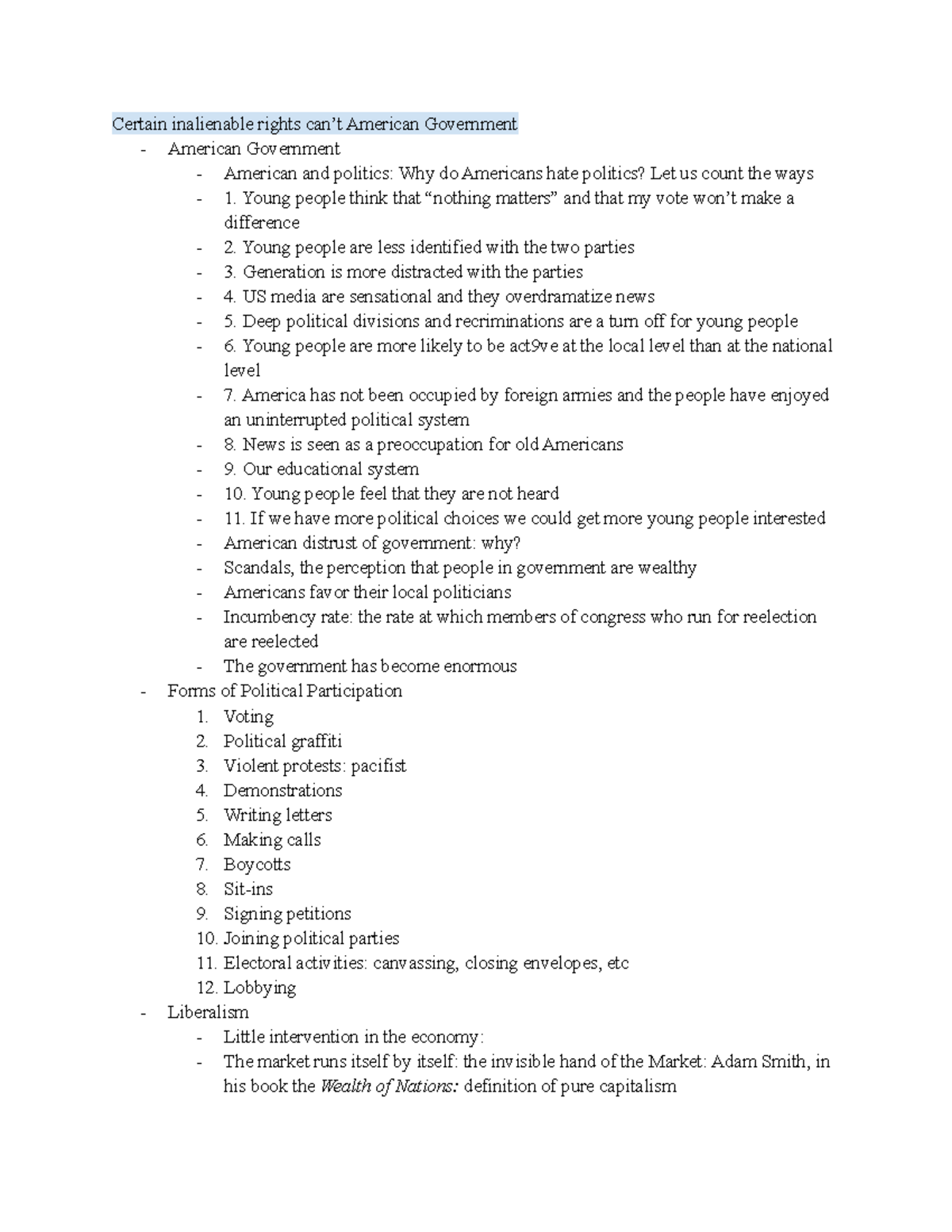 American Government US History notes - Certain inalienable rights can’t ...