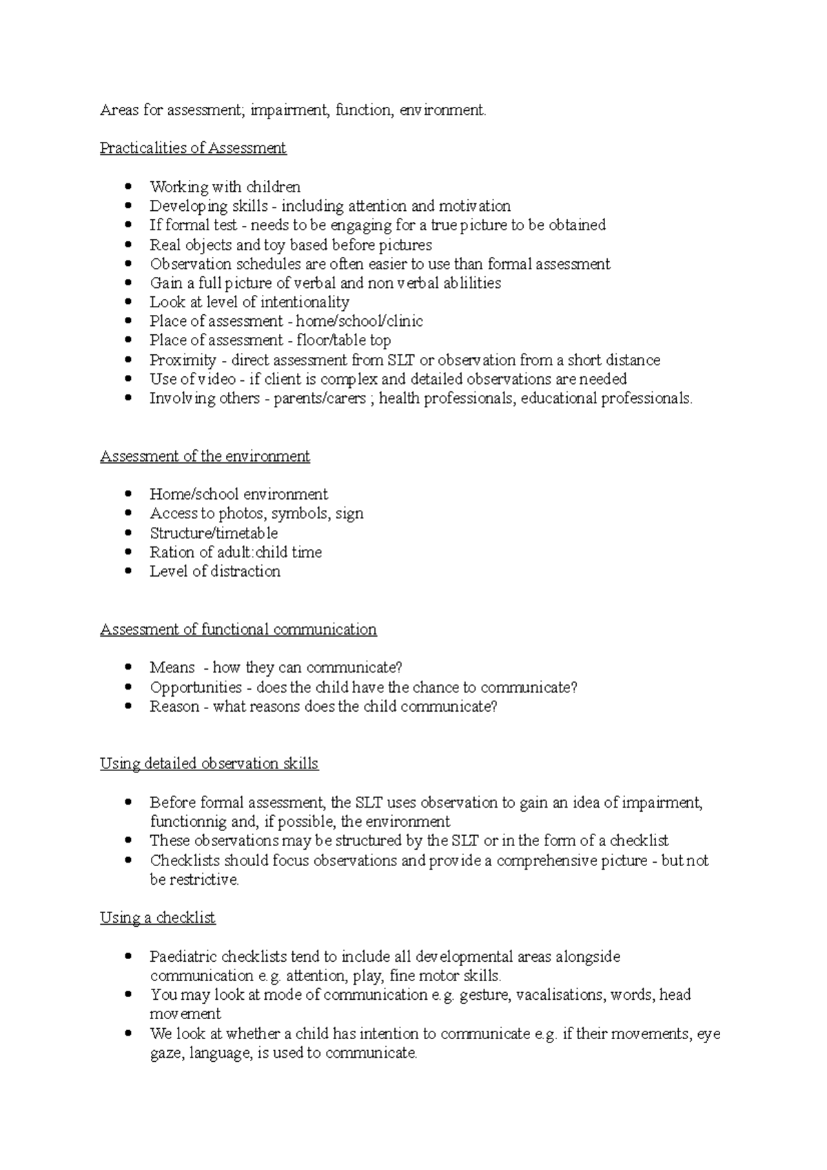 Areas for assessment - Children's Learning Disabilities - Areas for ...